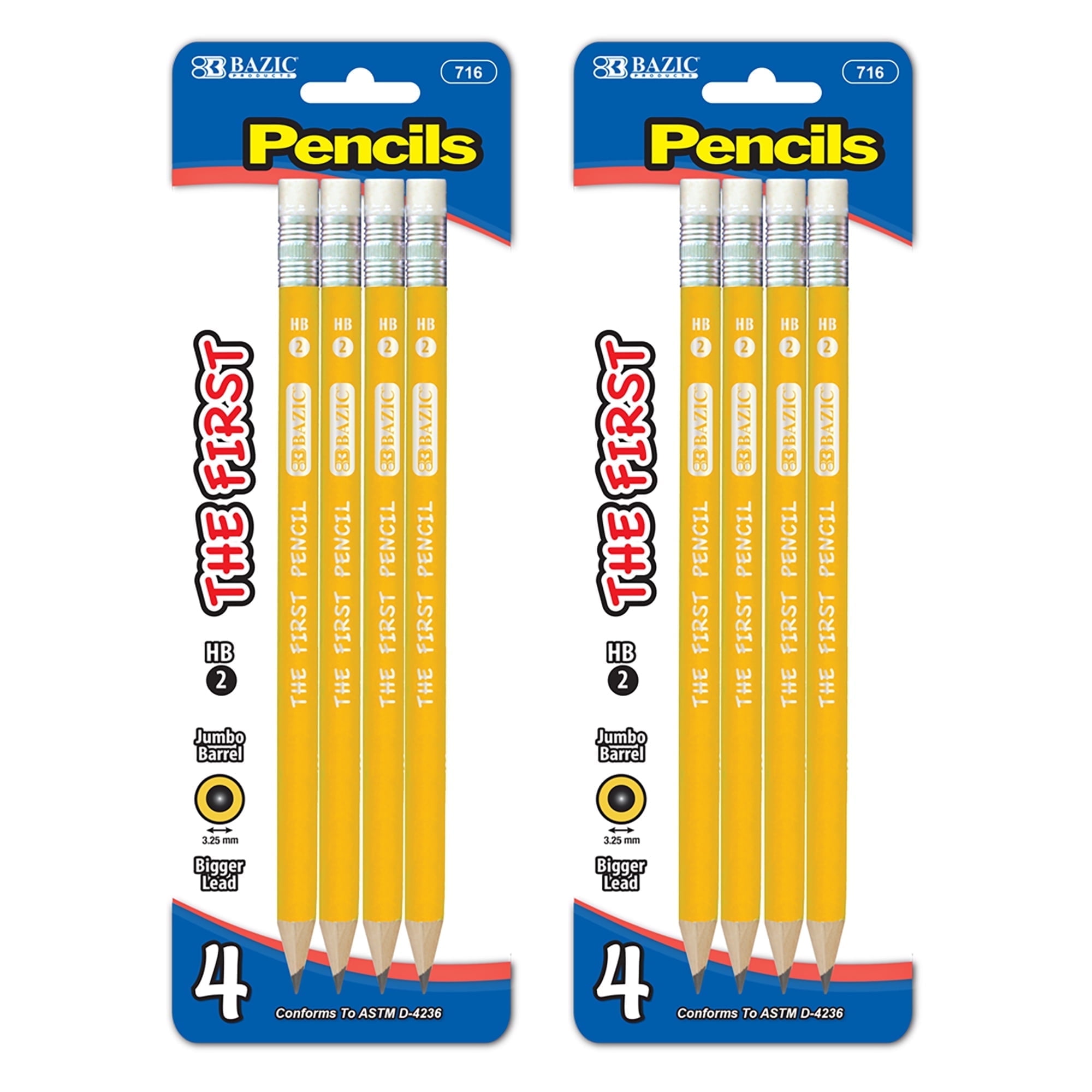 BAZIC Pencil Wood Pre-Sharpened #2 HB Jumbo Pencils, Latex Free Eraser ...