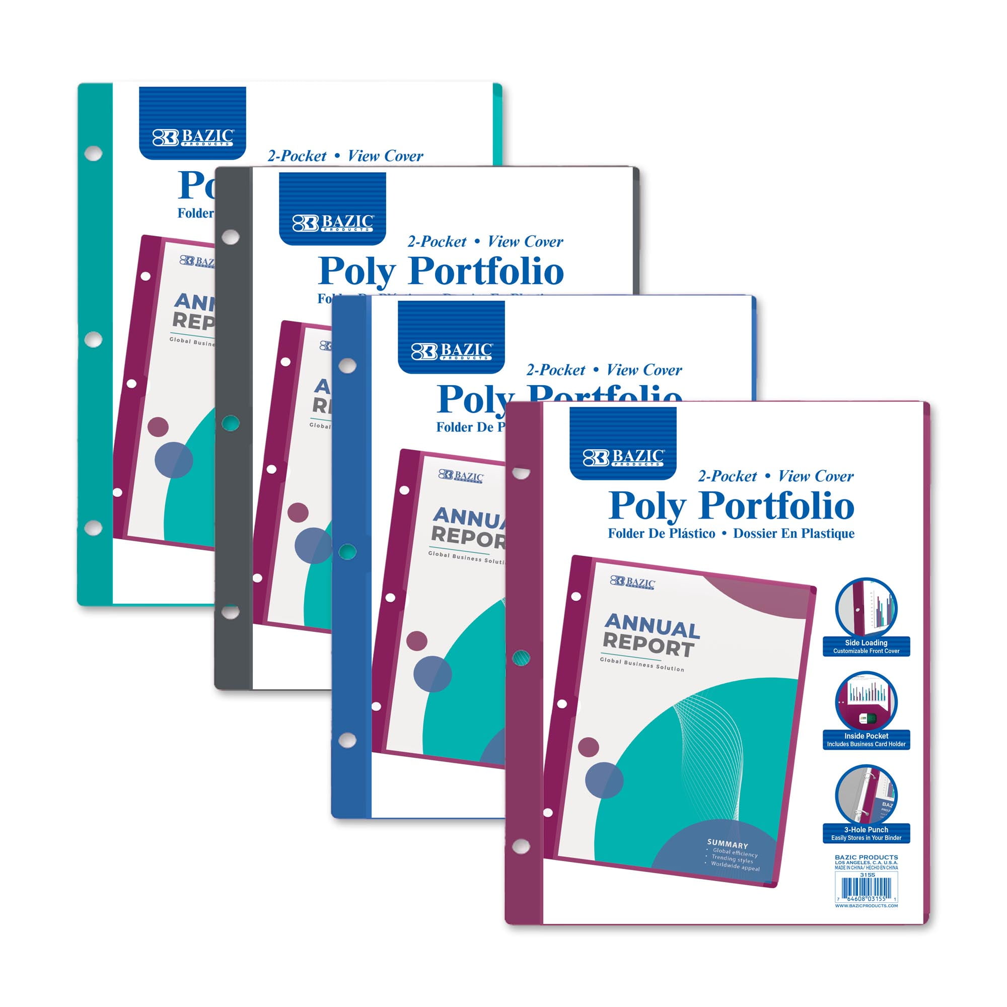 BAZIC Products 2 Pocket Poly Portfolio Folder, Plastic View Cover 3 ...