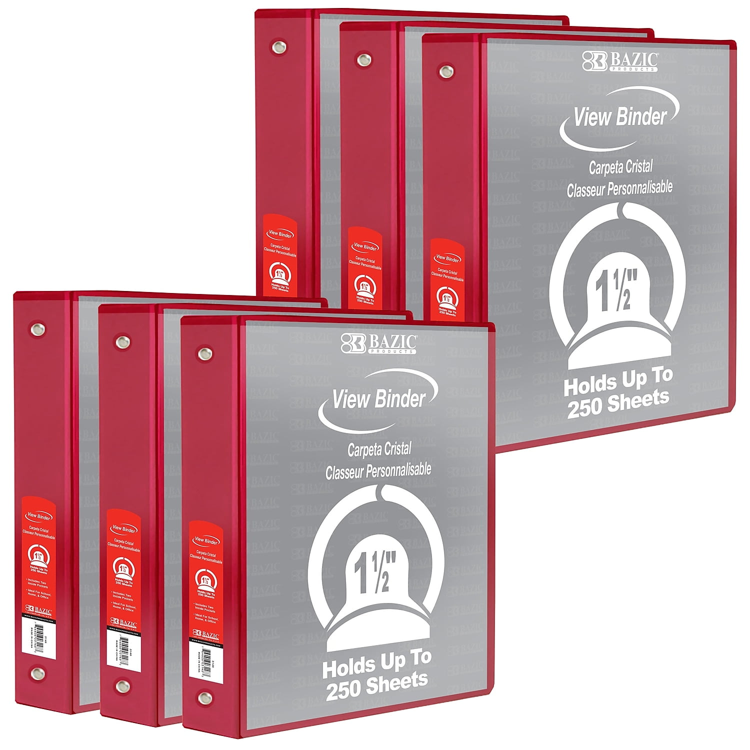 BAZIC Products 3-Ring View Binder with 2 Pockets, 1.5", Red, Pack of 6 ...