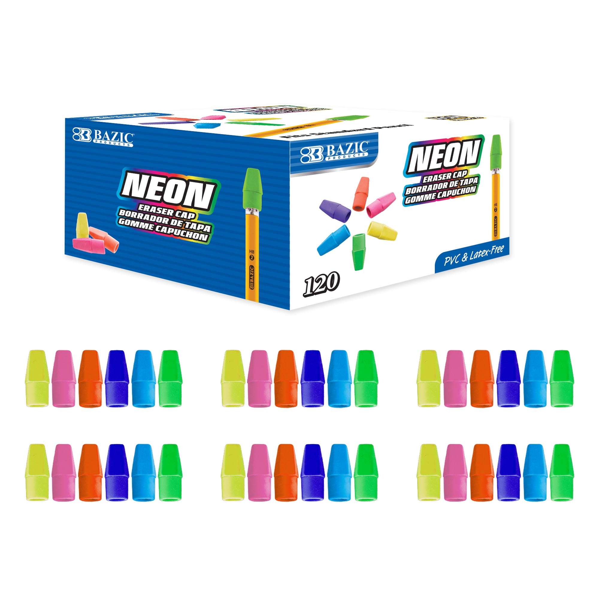 BAZIC Products Neon Eraser Top, Latex Free Pencil Tops Erasers (120/Box ...