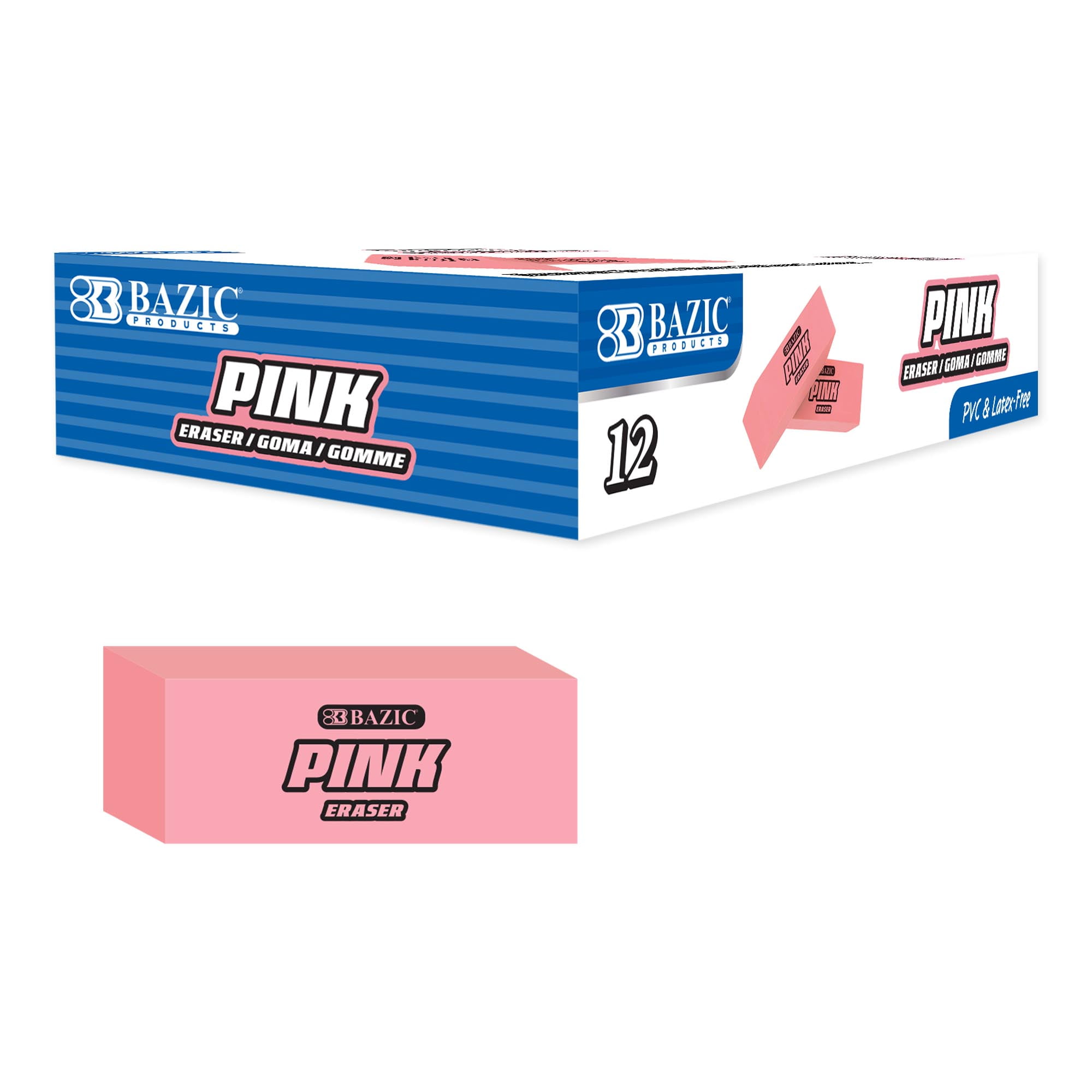 BAZIC Products Pink Eraser, Latex Free Bevel Erasers, Large Size Block ...