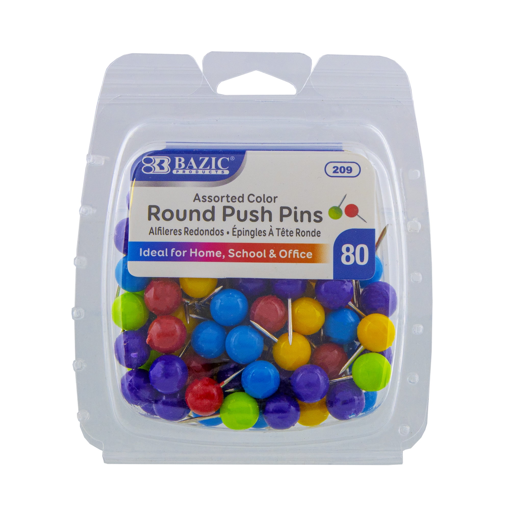 BAZIC Push Pins Round Plastic Head, Assorted Color (80/pack), 24-Packs ...