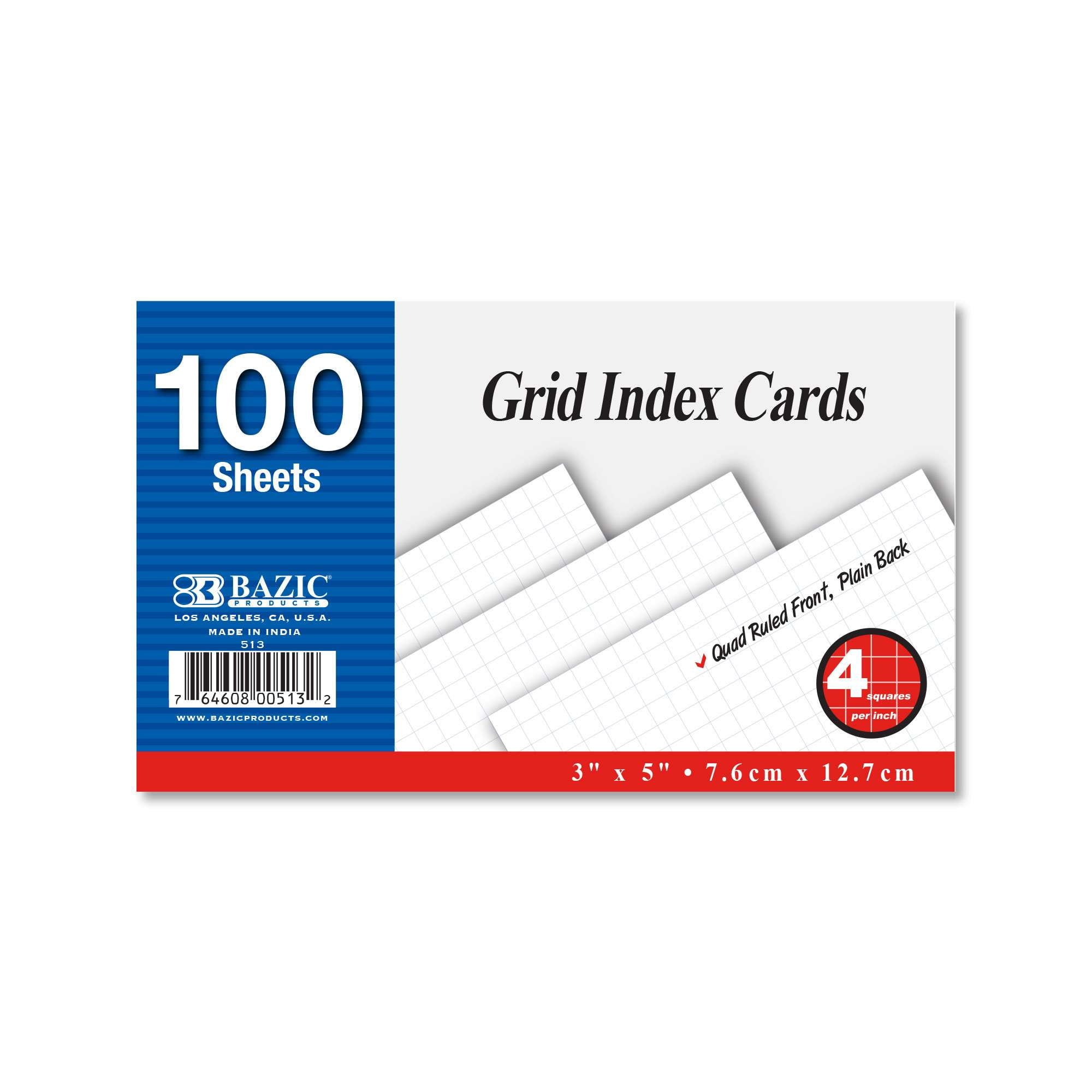 BAZIC Quad Ruled Index Cards 3"X5" 100 Count, 4-1" Graph Ruled Lined ...