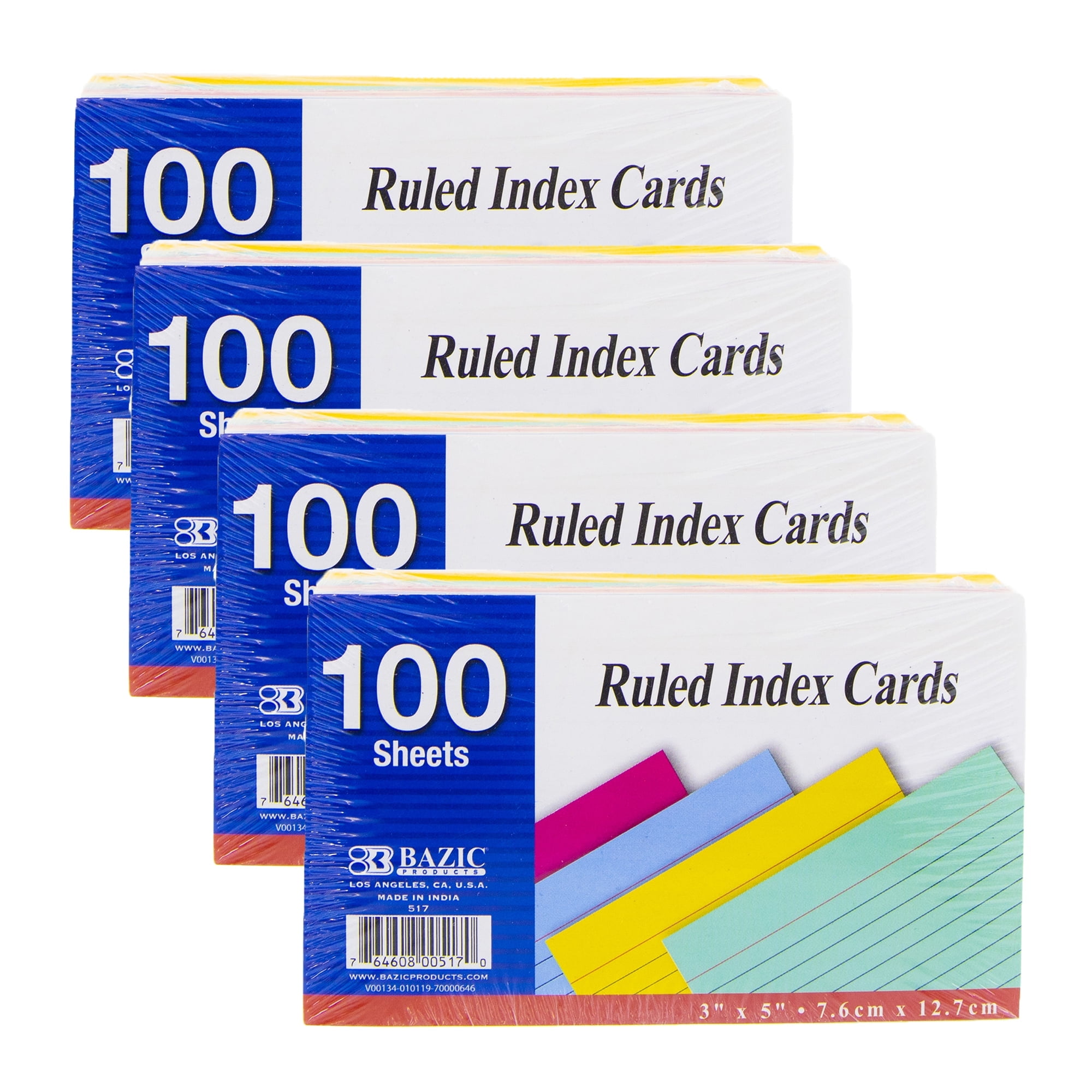 BAZIC Ruled Index Cards 3" X 5" 200 Count, Assorted Color Ruled (100 ...