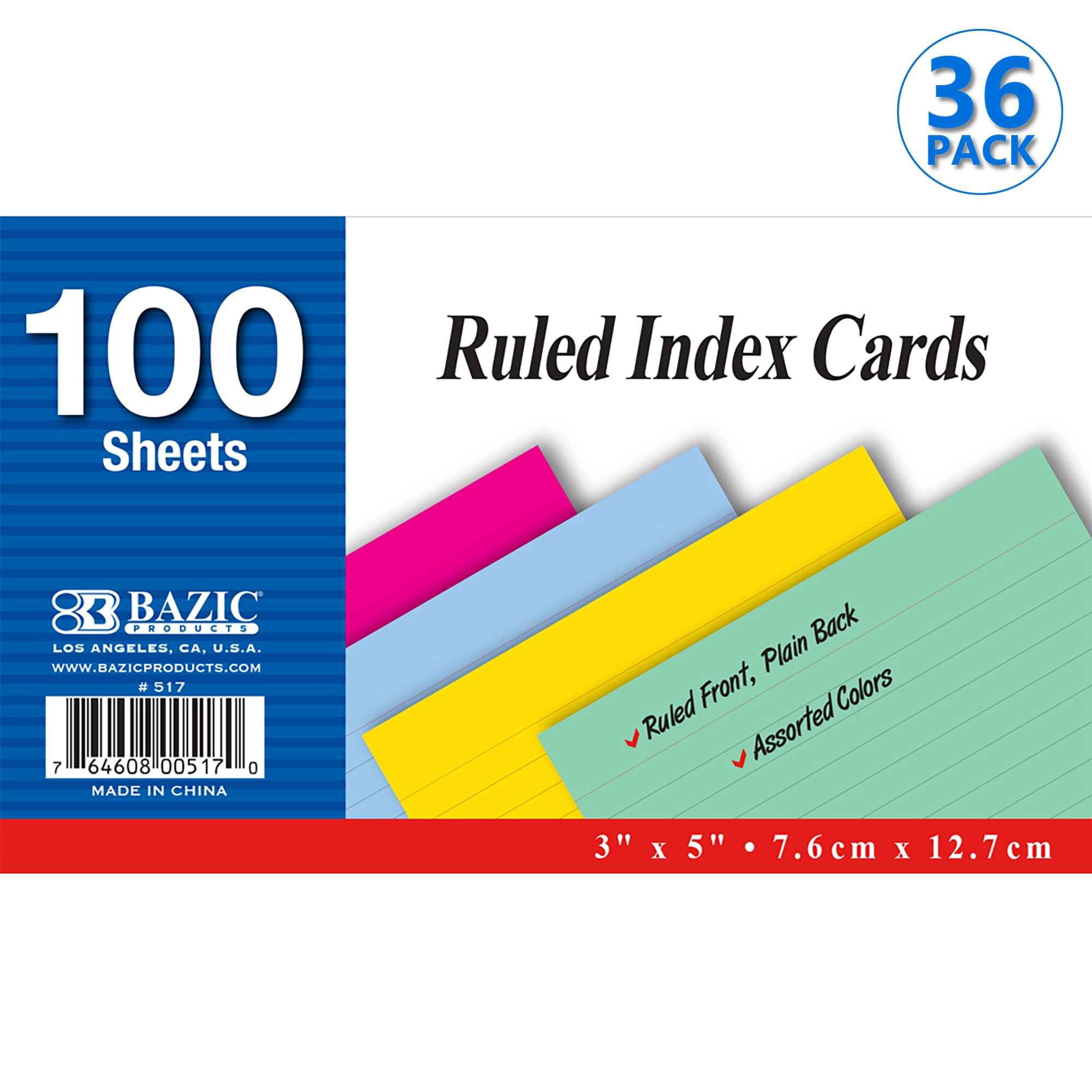 BAZIC Ruled Index Cards 3"X5" 100 Count, Assorted Color Ruled Lined ...