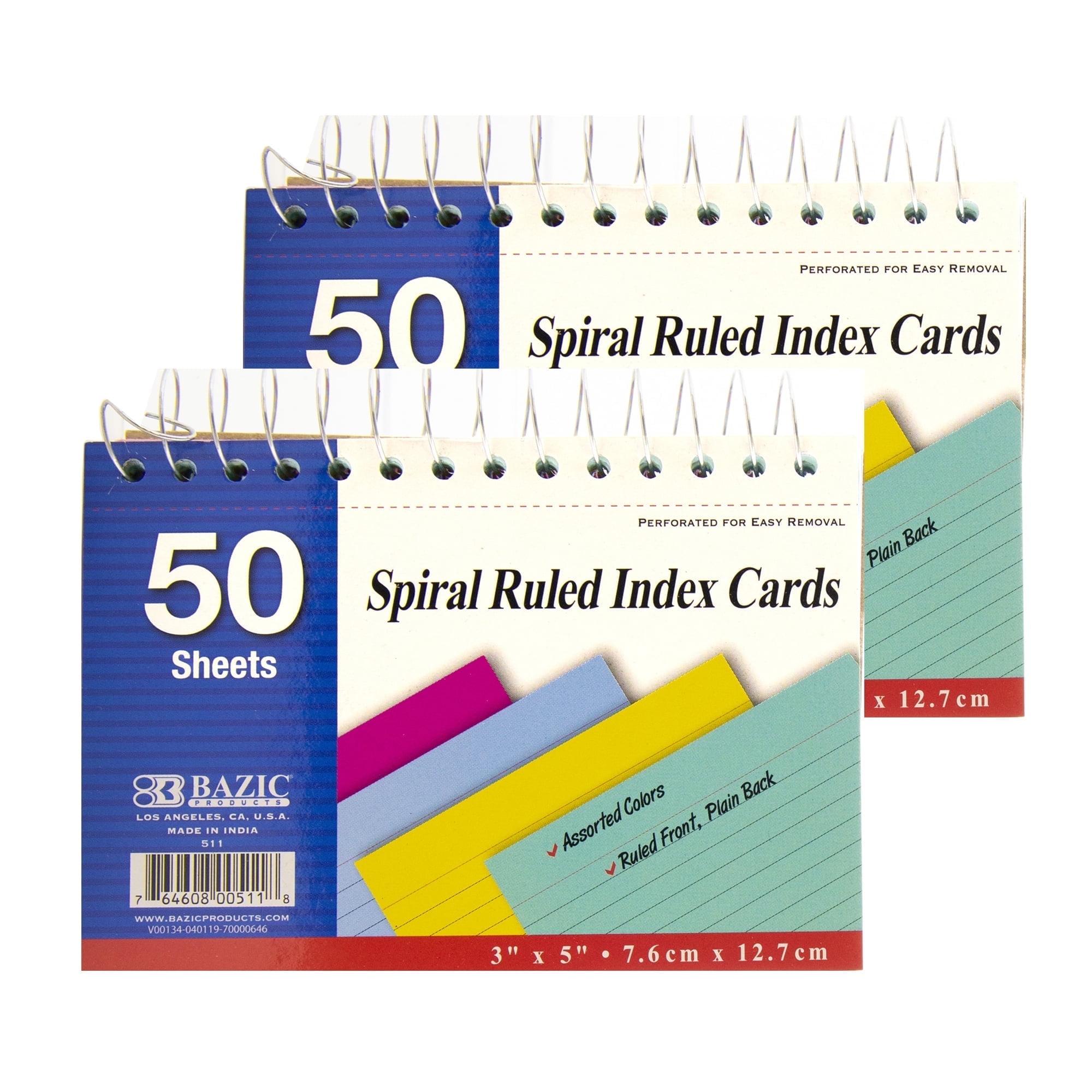 "BAZIC 3"" X 5"" Colored Lined Note Index Cards, Spiral Bound, 100 ...
