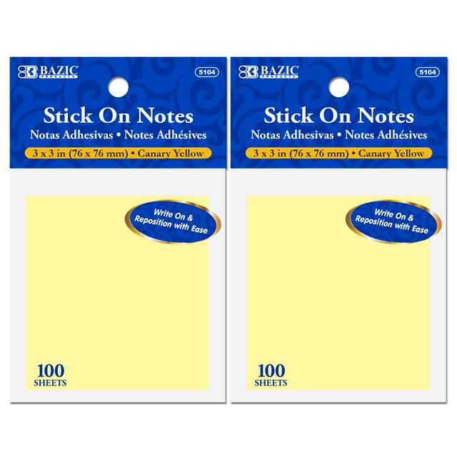 BAZIC Self Stick Canary Sticky Notes, 3x3, Yellow 100 Sheets 2 Pack ...