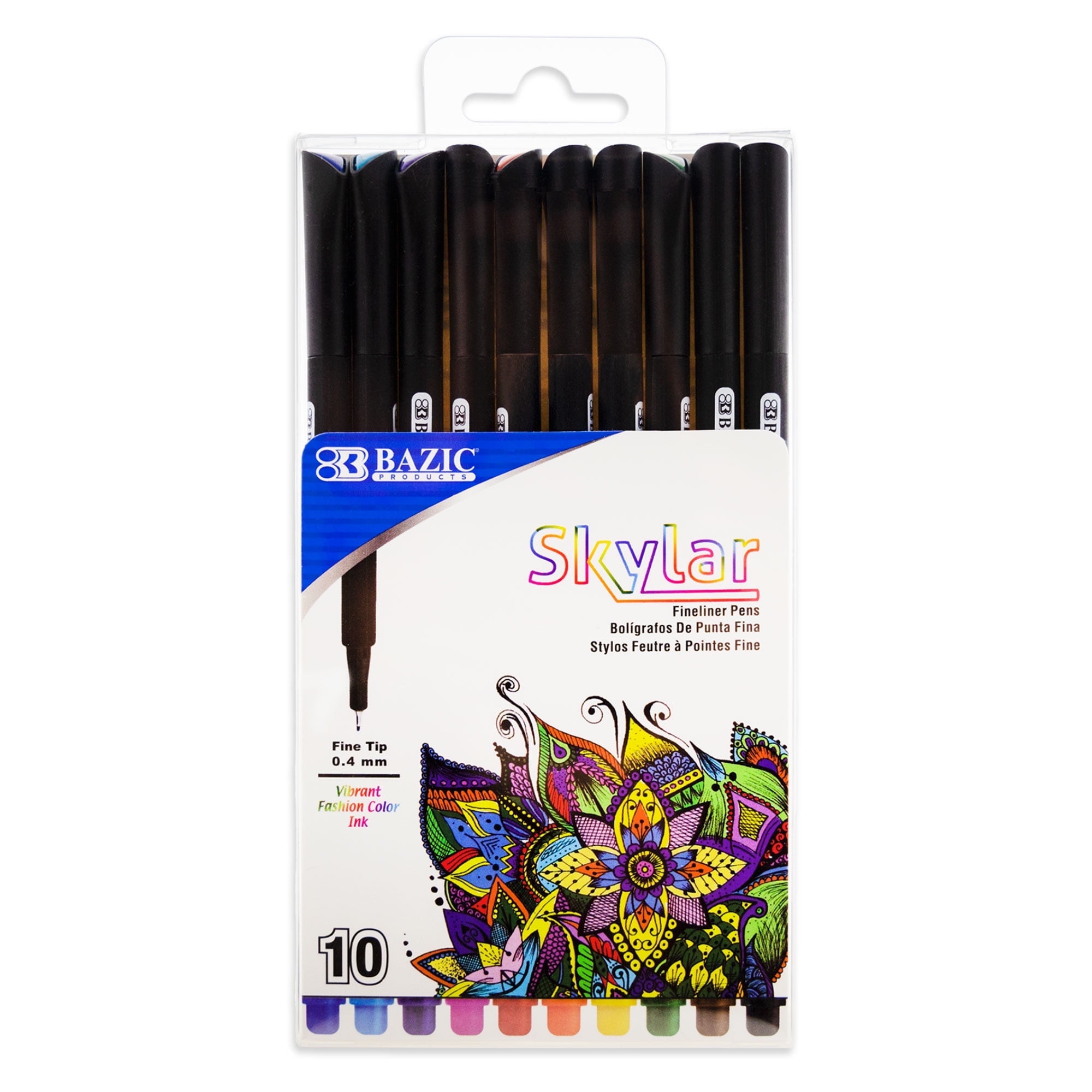 BAZIC Skylar Fineliner Pen, Fine Tip 0.4mm Pens, Assorted Colors, 10 ...