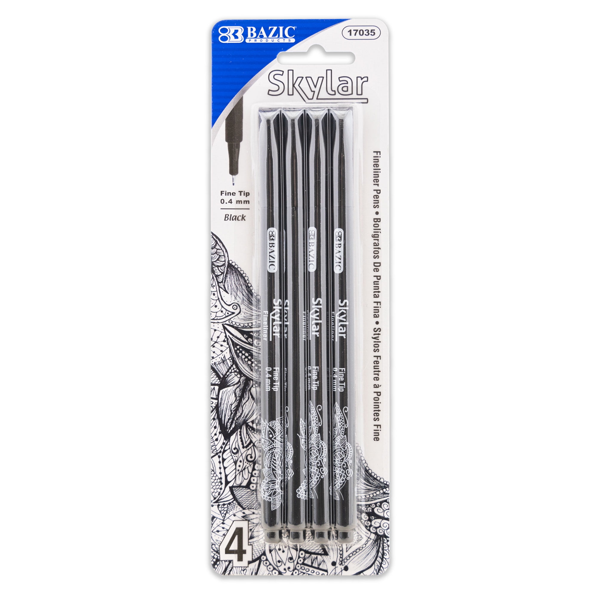 BAZIC Skylar Fineliner Pen, Fine Tip 0.4mm Pens, Black Ink, 4 Count, 1 ...