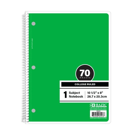 BAZIC Spiral Notebook, 1 Subject, College Ruled Paper 8" x 10-1/2", 70 ...