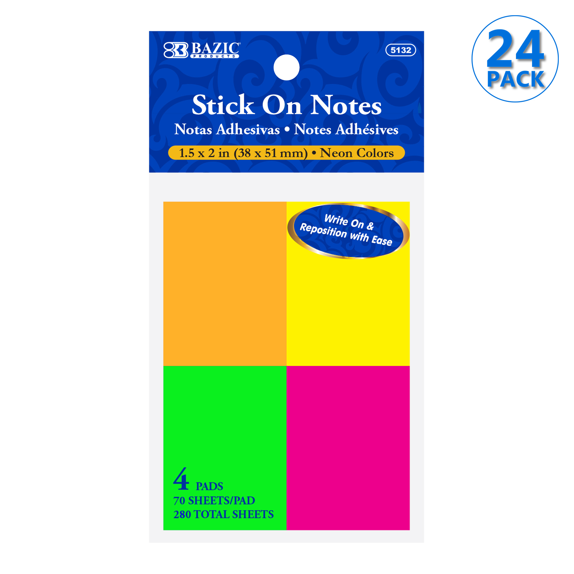 BAZIC Sticky Notes 1.5x2 Neon Color, (280 Sheets/Pack), 24-Pack ...