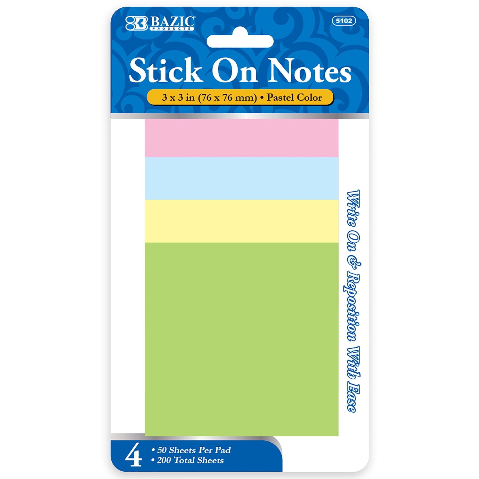 BAZIC Sticky Notes 3x3 Bright Assorted Colors, (200 Sheets/Pack), 1 ...