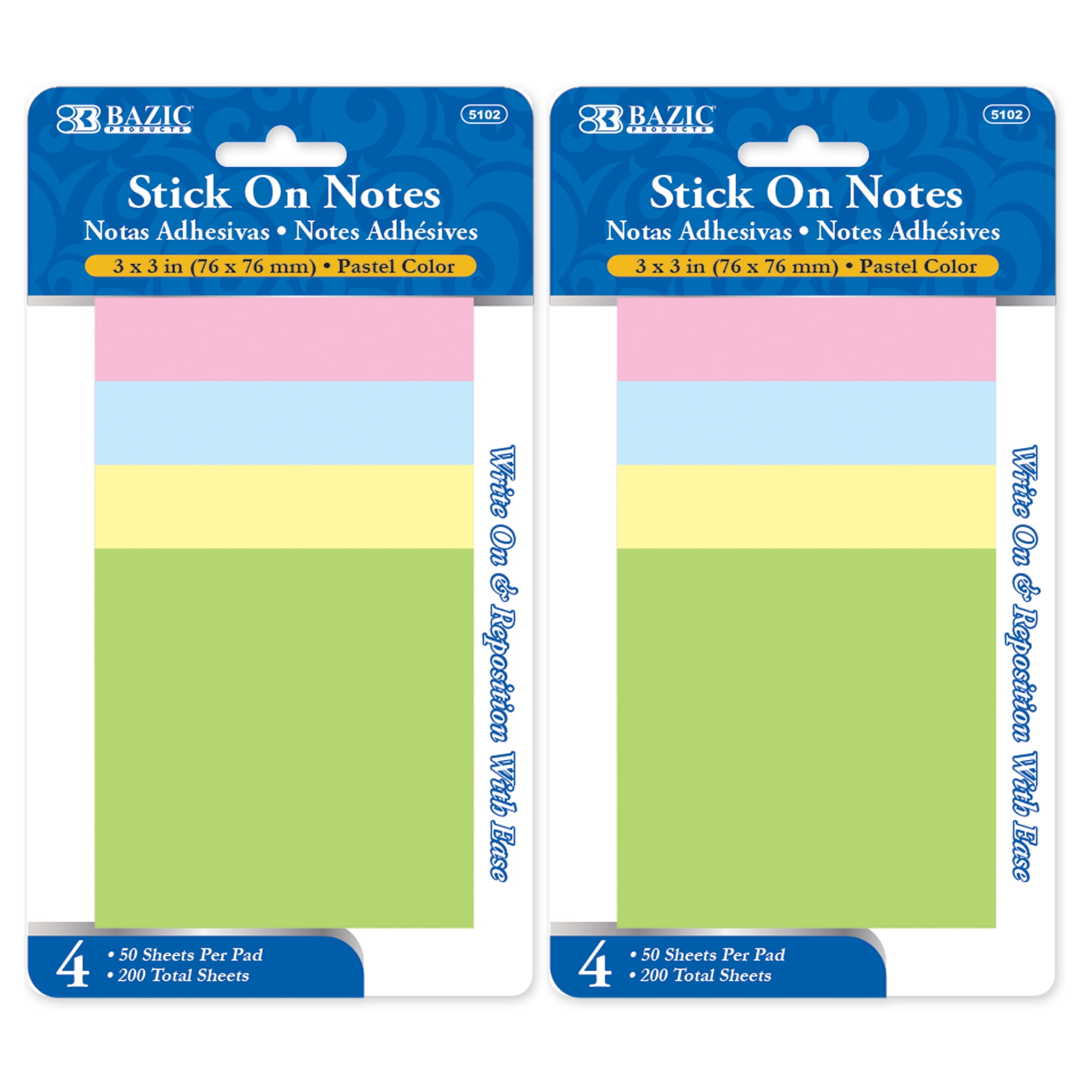 BAZIC Sticky Notes 3x3 Bright Assorted Colors Post Self Stick Note (200 ...