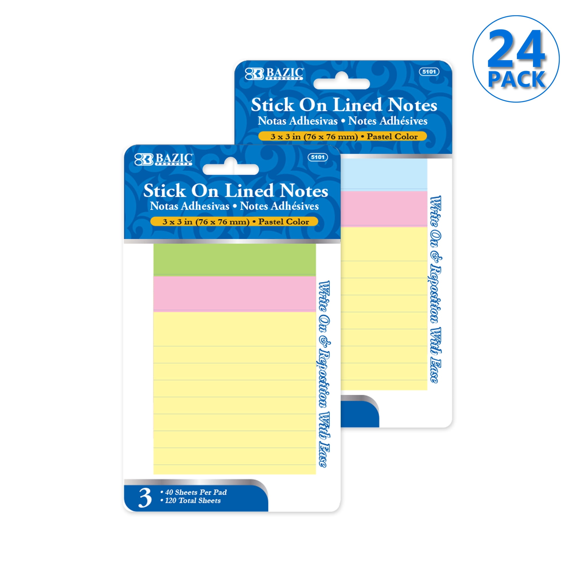 BAZIC Sticky Notes 3x3 Lined Assorted Color, (120 Sheets/Pack), 24-Pack ...