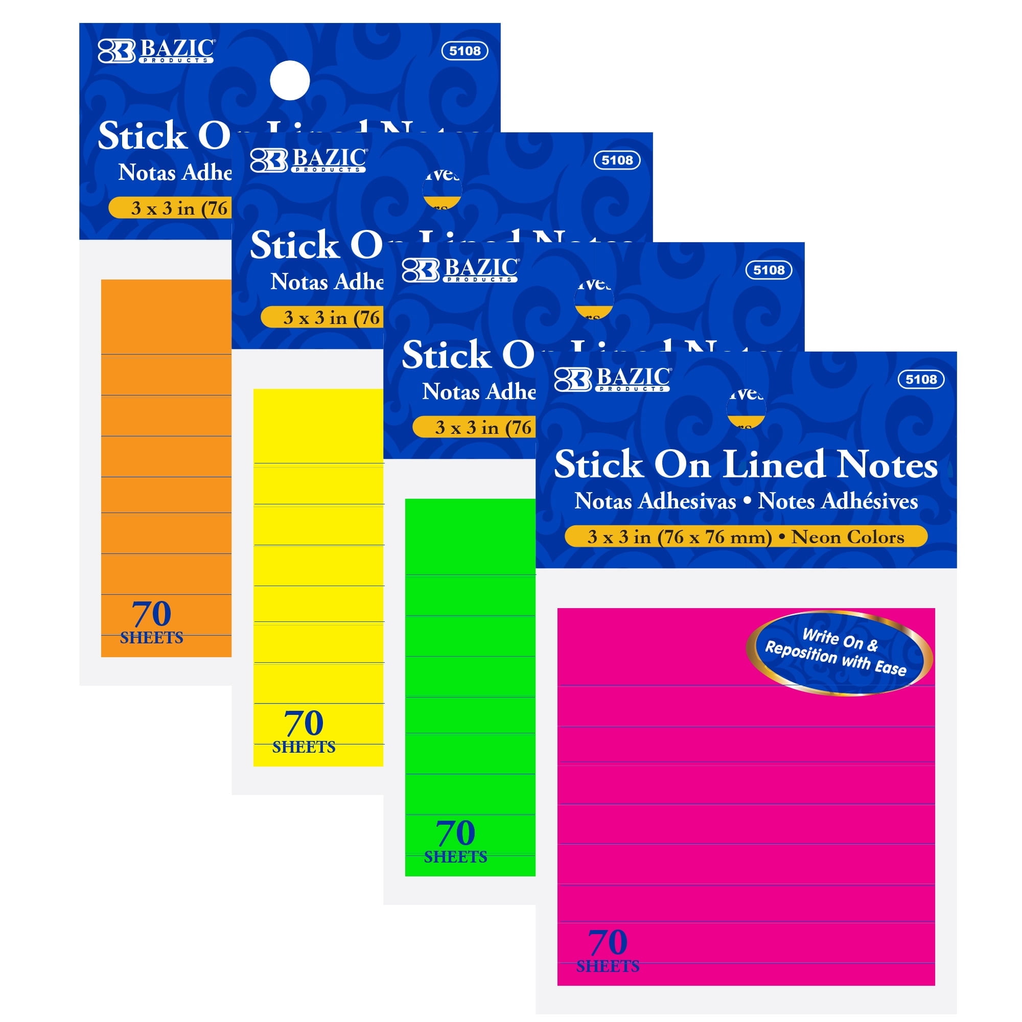 BAZIC Sticky Notes 3x3 Lined Ruled Neon Color, (70 Sheets/Pack), 4-Pack ...