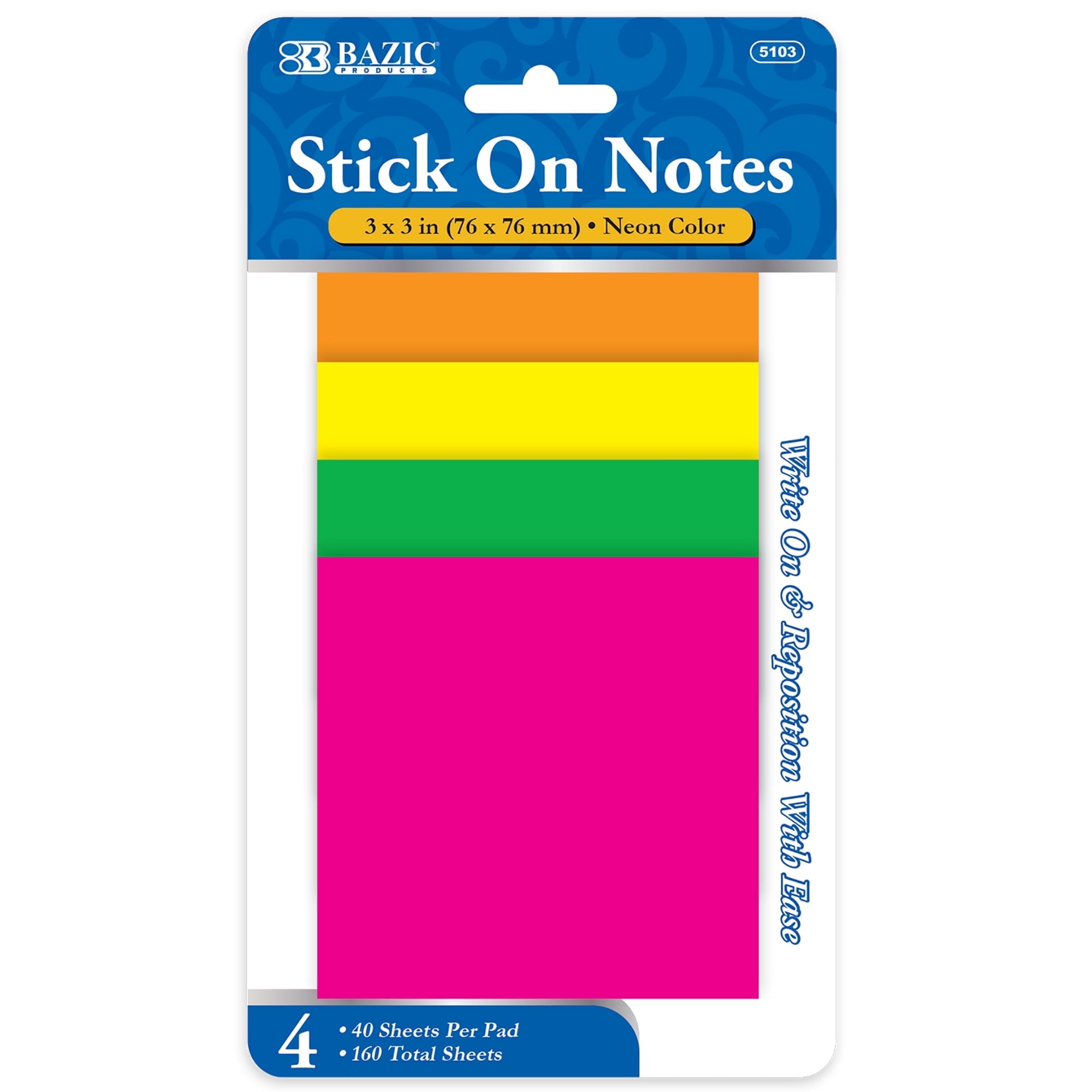 BAZIC Sticky Notes 3x3 Neon Assorted Colors, (160 Sheets/Pack), 24-Pack ...