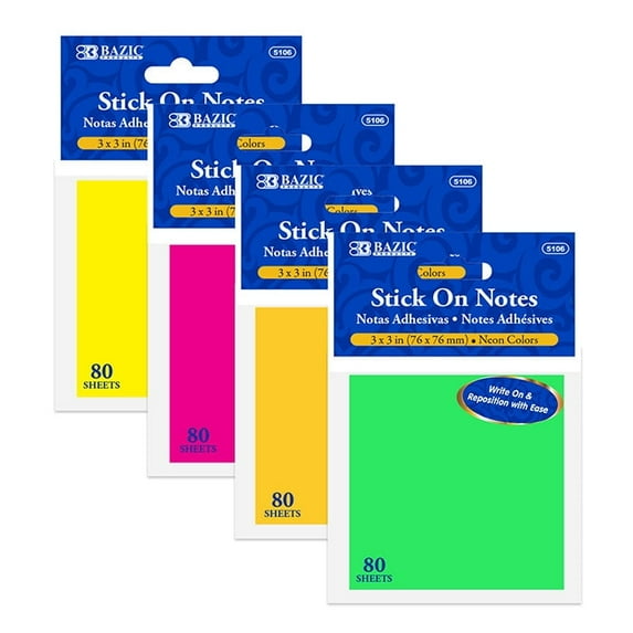 BAZIC Sticky Notes 3x3 Neon Assorted Colors, (80 Sheets/Pack), 4-Pack ...