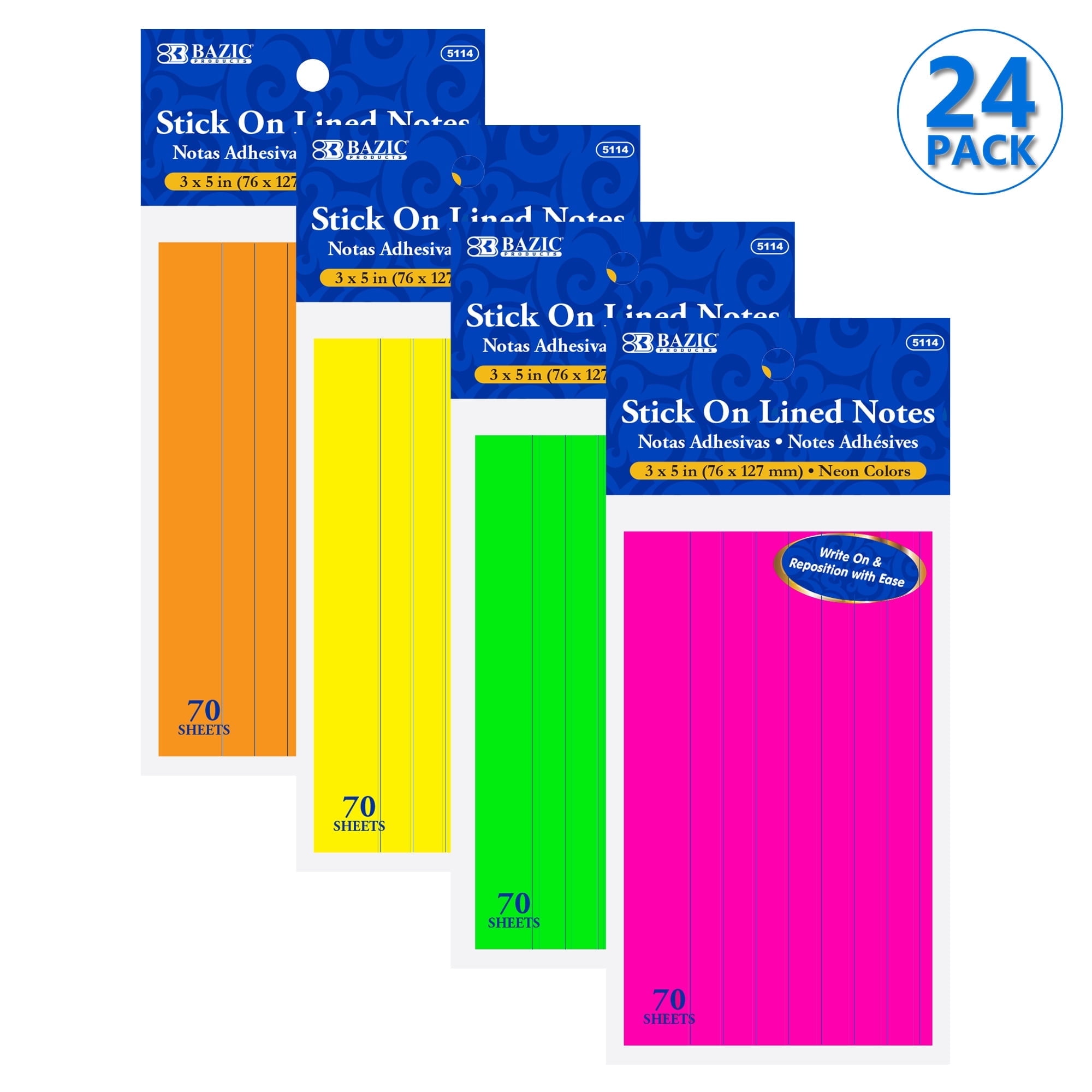 BAZIC Sticky Notes 3x5 Lined Ruled Neon Color, (70 Sheets/Pack), 24 ...