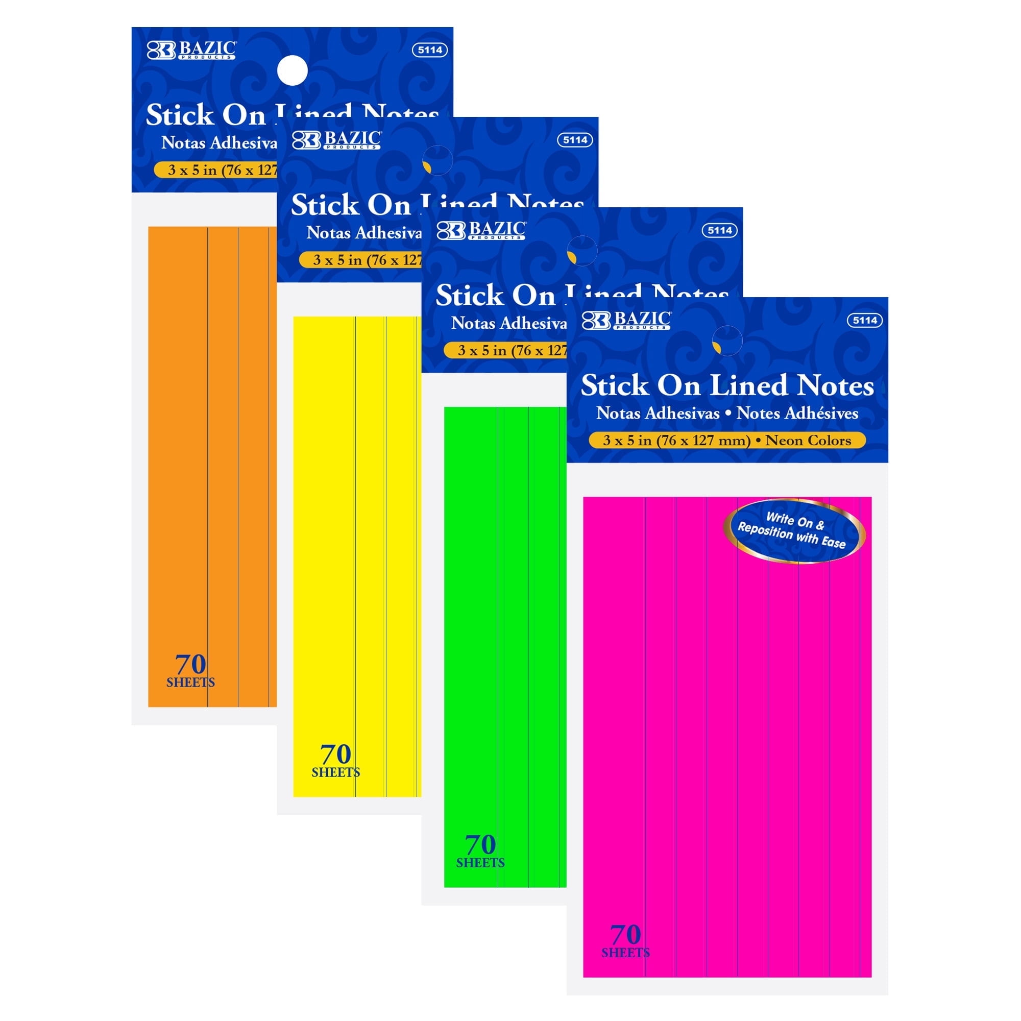BAZIC Sticky Notes 3x5 Lined Ruled Neon Color, (70 Sheets/Pack), 4-Pack ...