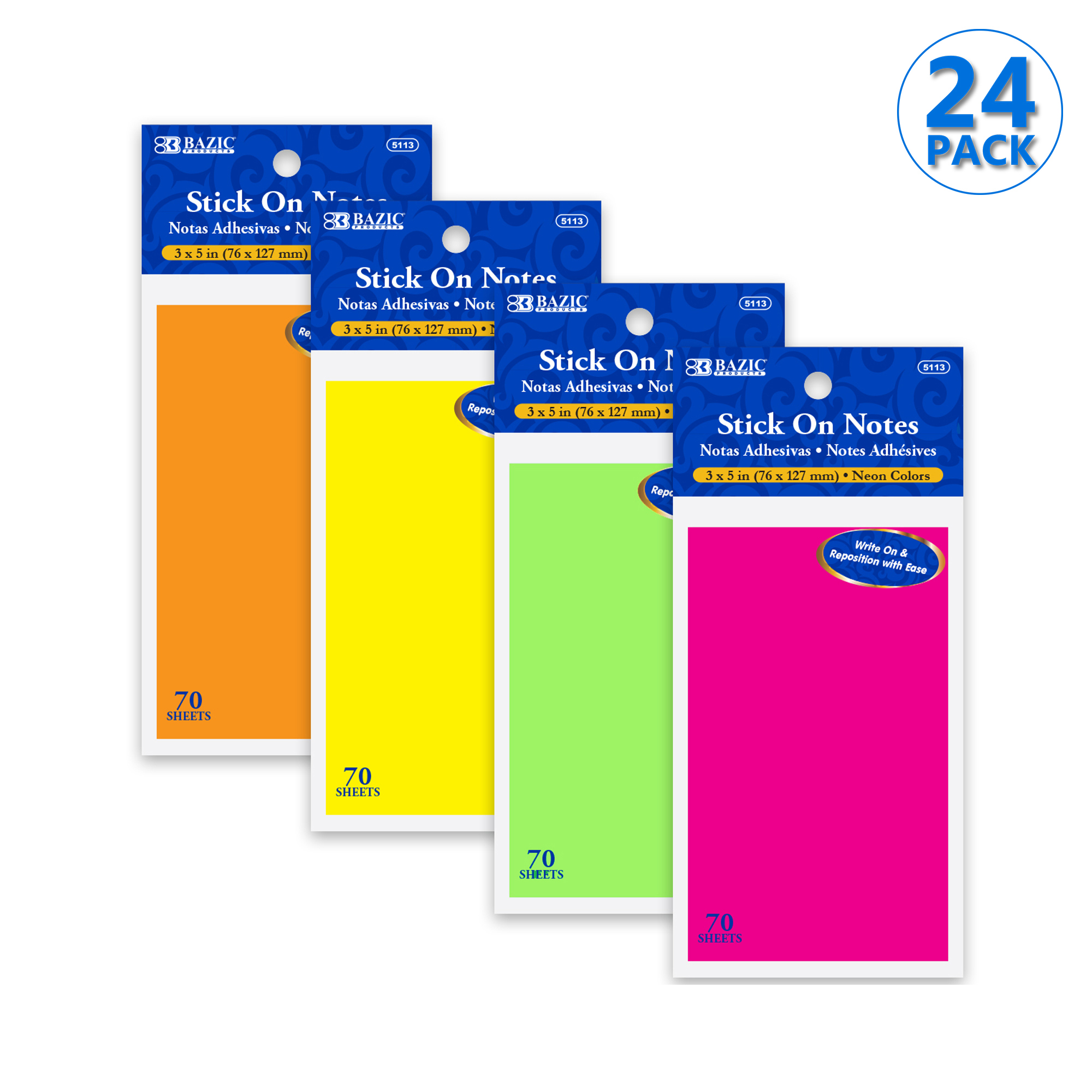 BAZIC Sticky Notes 3x5 Neon Color, (70 Sheets/Pack), 24-Pack - Walmart.com