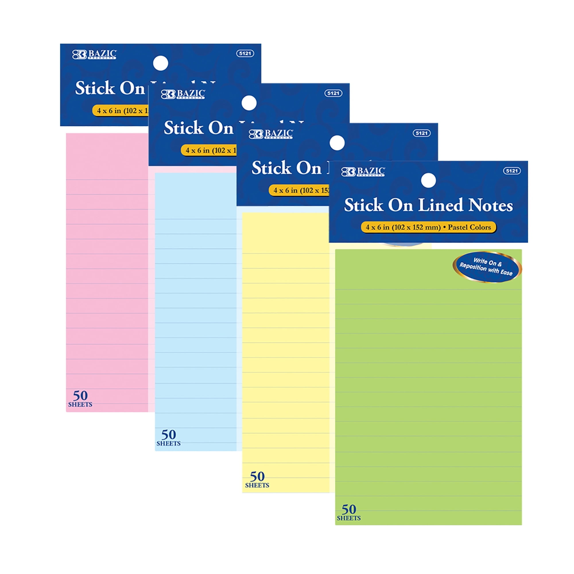 BAZIC Sticky Notes 4x6 Lined Ruled Assorted Color, (50 Sheets/Pack), 24 ...