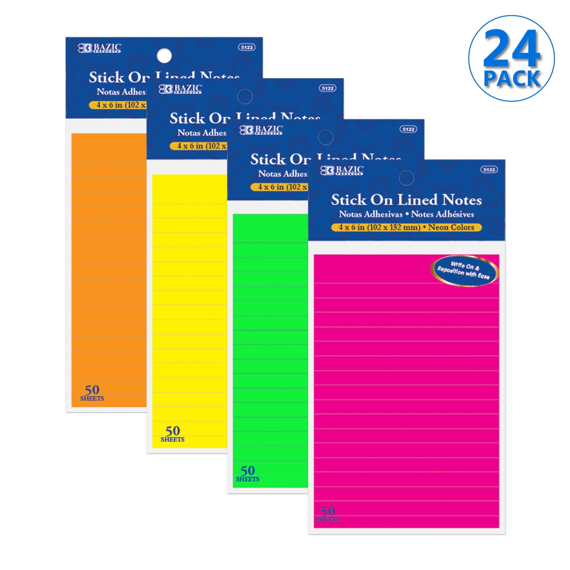 Free Shipping! BAZIC Sticky Notes 4x6 Lined Ruled Neon Color, (50 ...