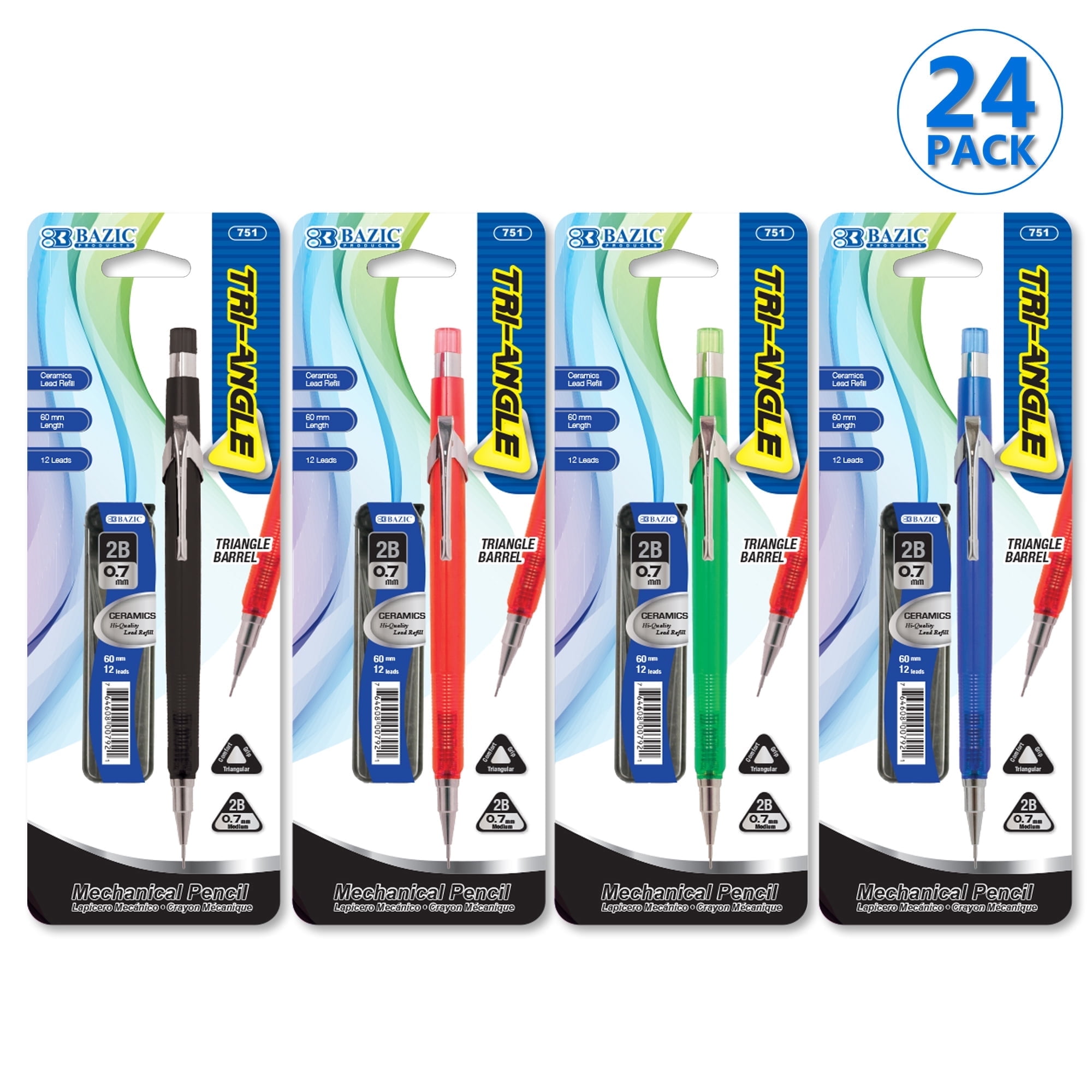 BAZIC Triangle Mechanical Pencil 0.7mm w/ Refill 2B Ceramic Lead, 24 ...