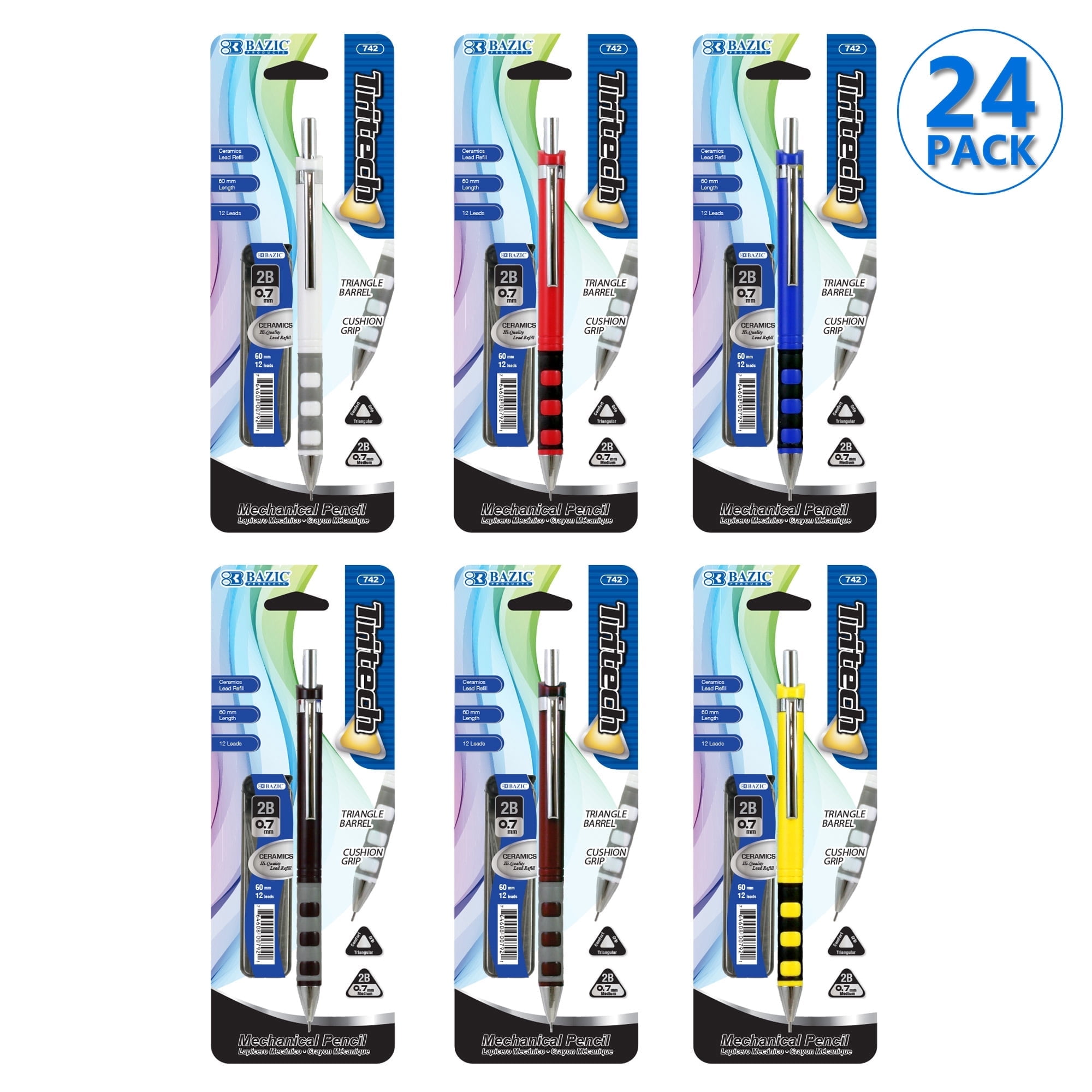 BAZIC Tritech Mechanical Pencil 0.7mm w/ Refill 2B Ceramic Lead, 24 ...