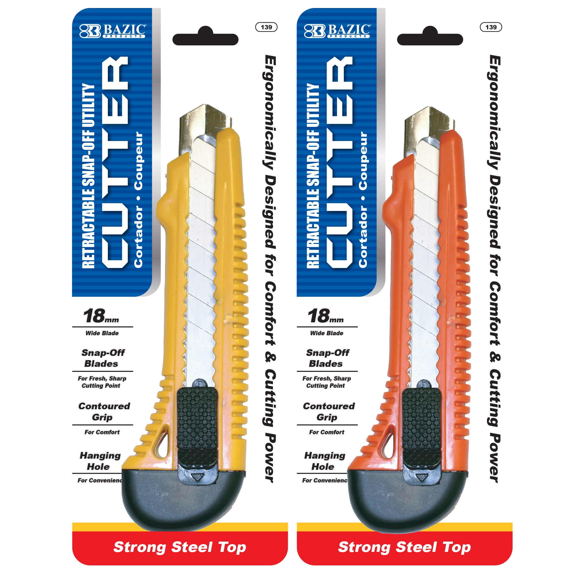 BAZIC Utility Knife Box Cutter 18 mm Wide Blade w/ Steel Top, 2-Pack ...