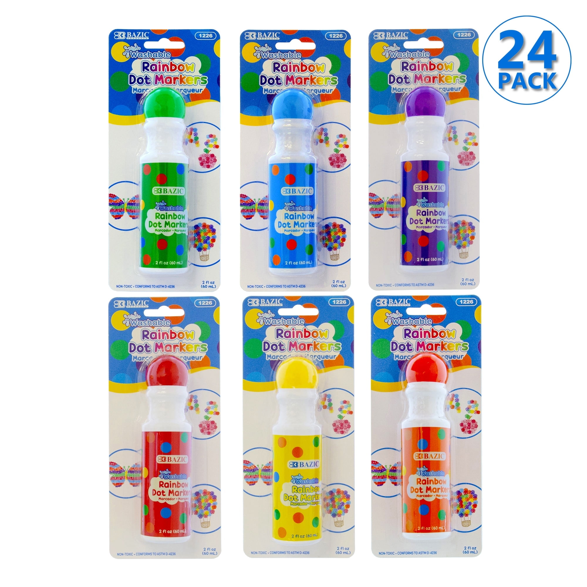 BAZIC Washable Dot Markers for Kids, 6 Colors Paint Marker Kit, 24-Pack ...