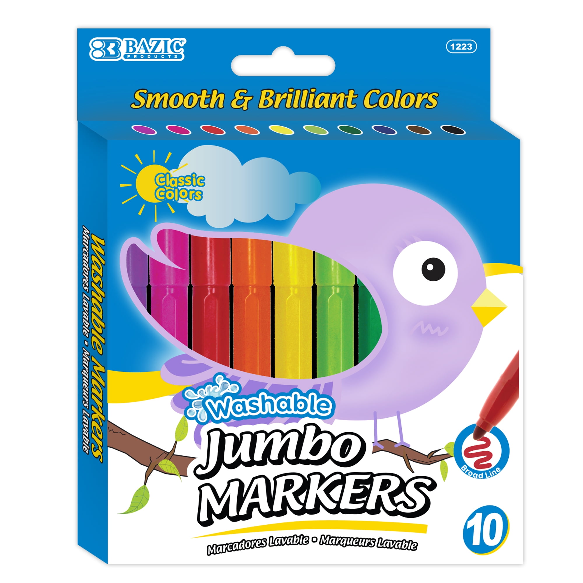BAZIC Washable Markers 10 Color Jumbo Coloring Marker (10/Pack), 1-Pack ...