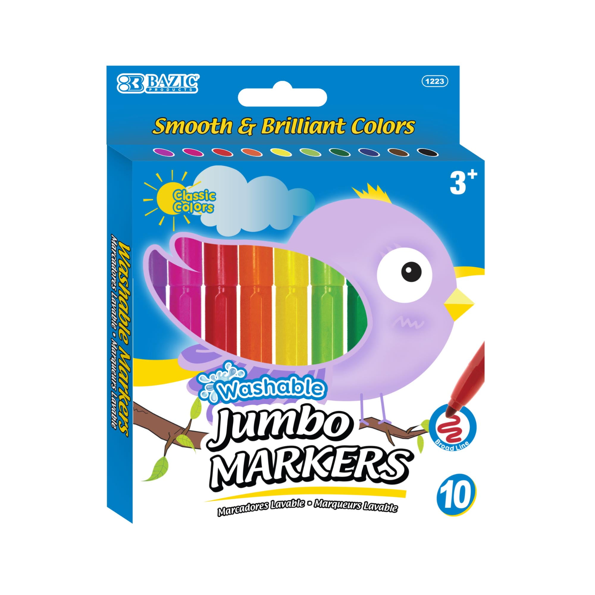BAZIC Washable Markers 10 Color Jumbo Coloring Marker (10/Pack), 1-Pack ...