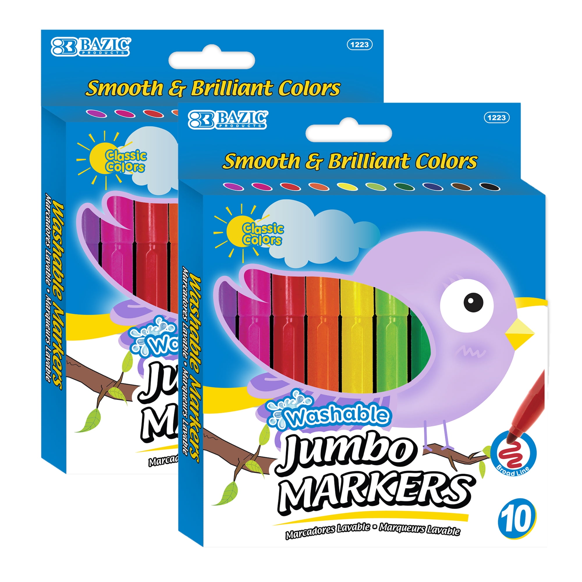 BAZIC Washable Markers 10 Color Jumbo Coloring Marker (10/Pack), 2 ...