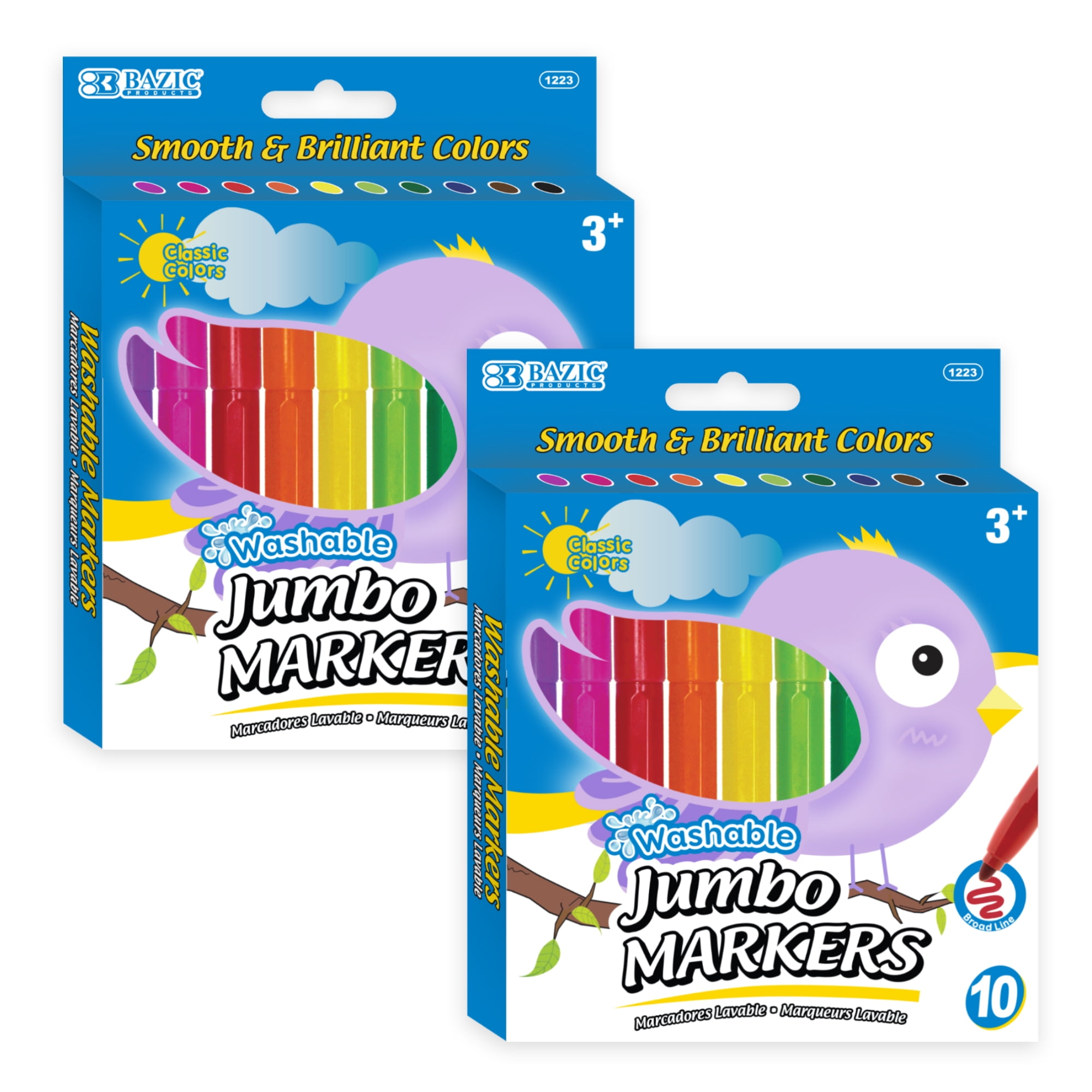 BAZIC Washable Markers 10 Color Jumbo Coloring Marker (10/Pack), 2 ...