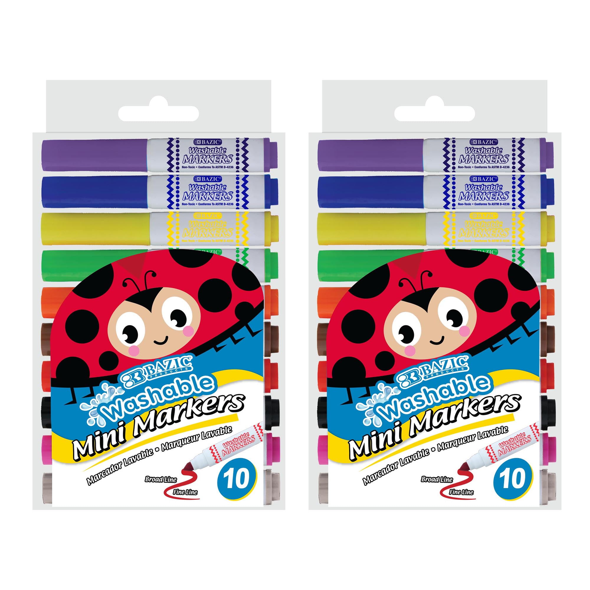 BAZIC Washable Markers 10 Color Mini Coloring Marker (10/Pack), 2-Packs ...