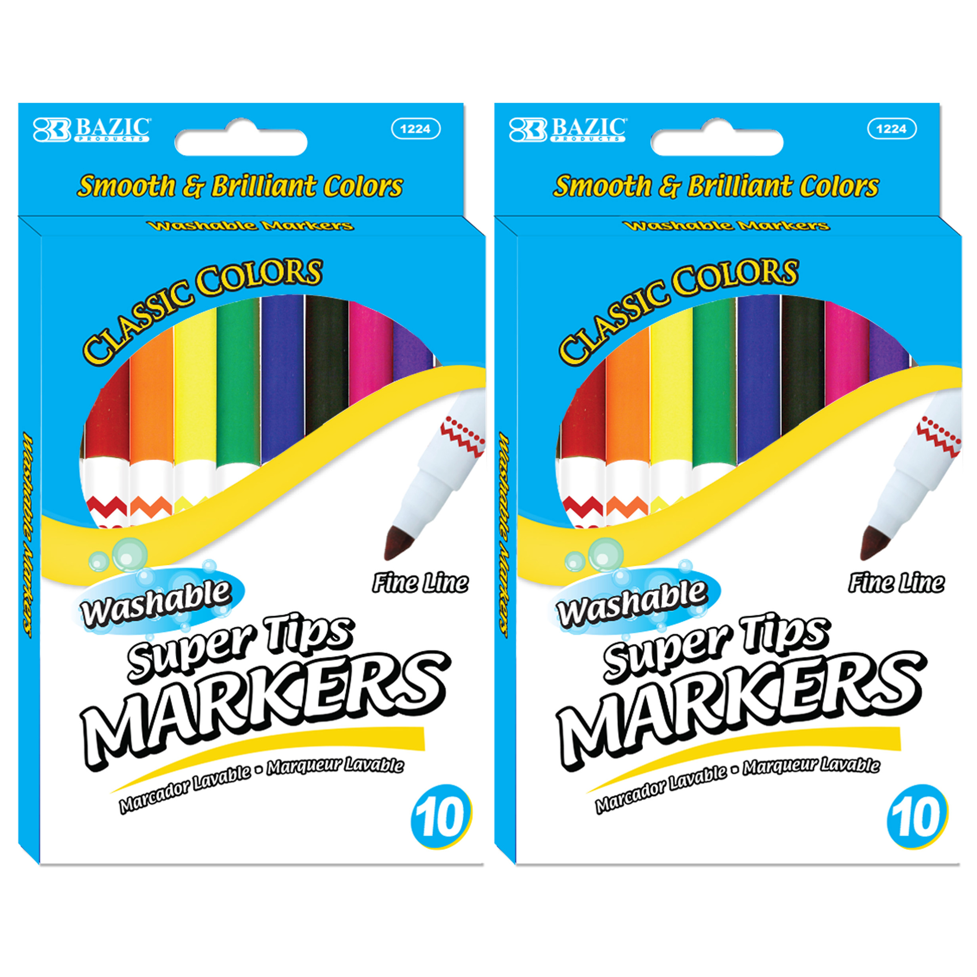 BAZIC Washable Markers Fine Line 10 Color Coloring Marker (10/Pack), 2 ...