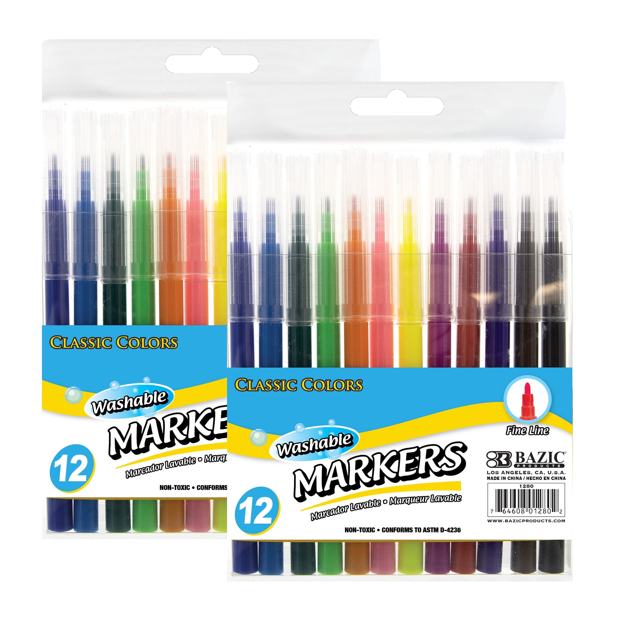 BAZIC Washable Markers Fine Line 12 Color Coloring Marker (12/Pack), 2 ...
