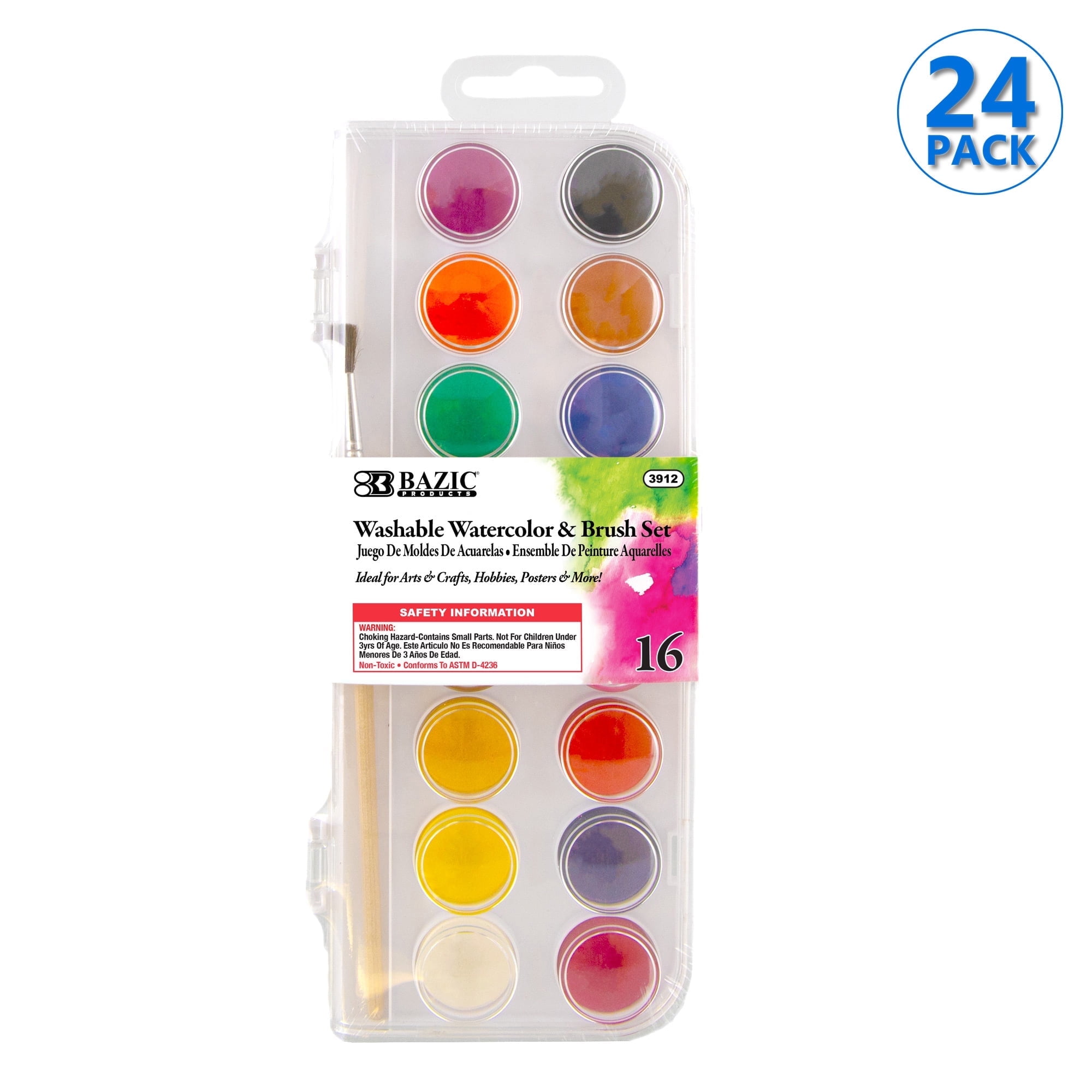 BAZIC Watercolor w/ Brush & Mixing Palette, 16 Color Non-Toxic, 24-Pack ...