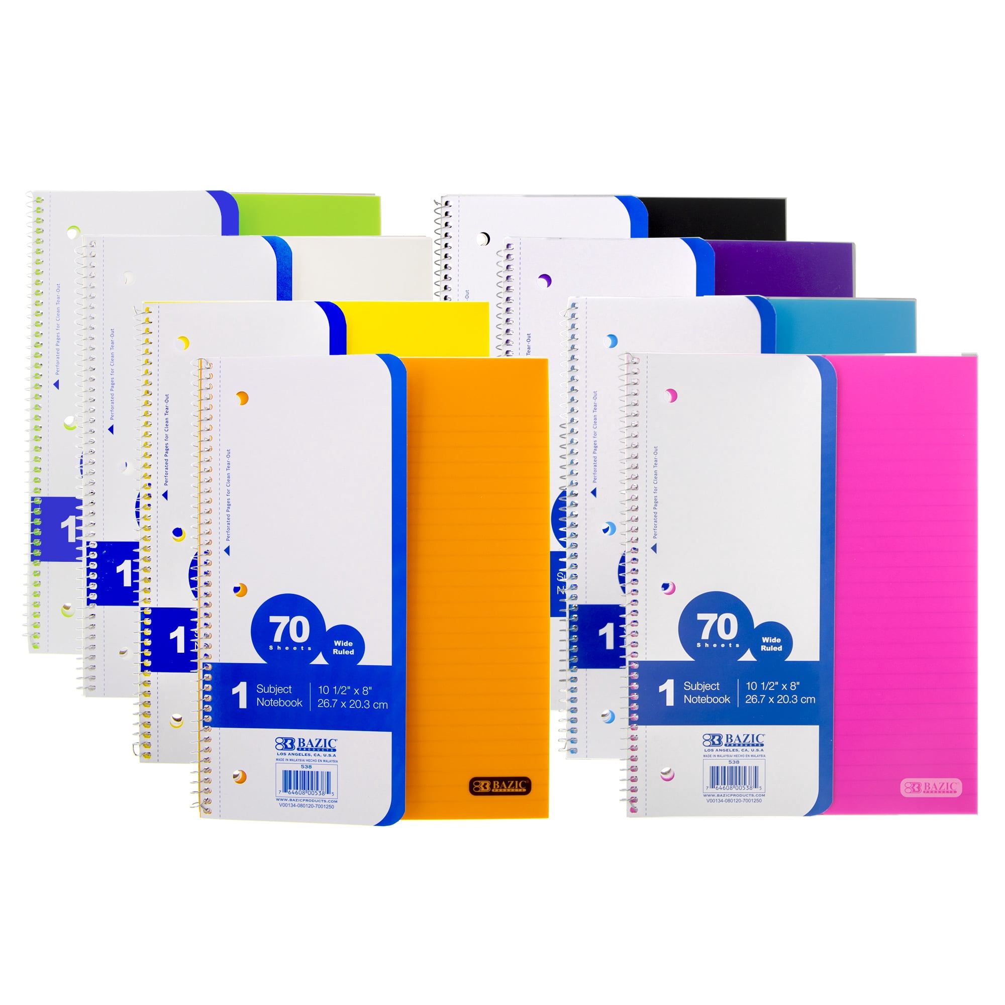 BAZIC Wide Ruled 1 Subject Poly Cover Spiral Notebooks 70 Sheets ...