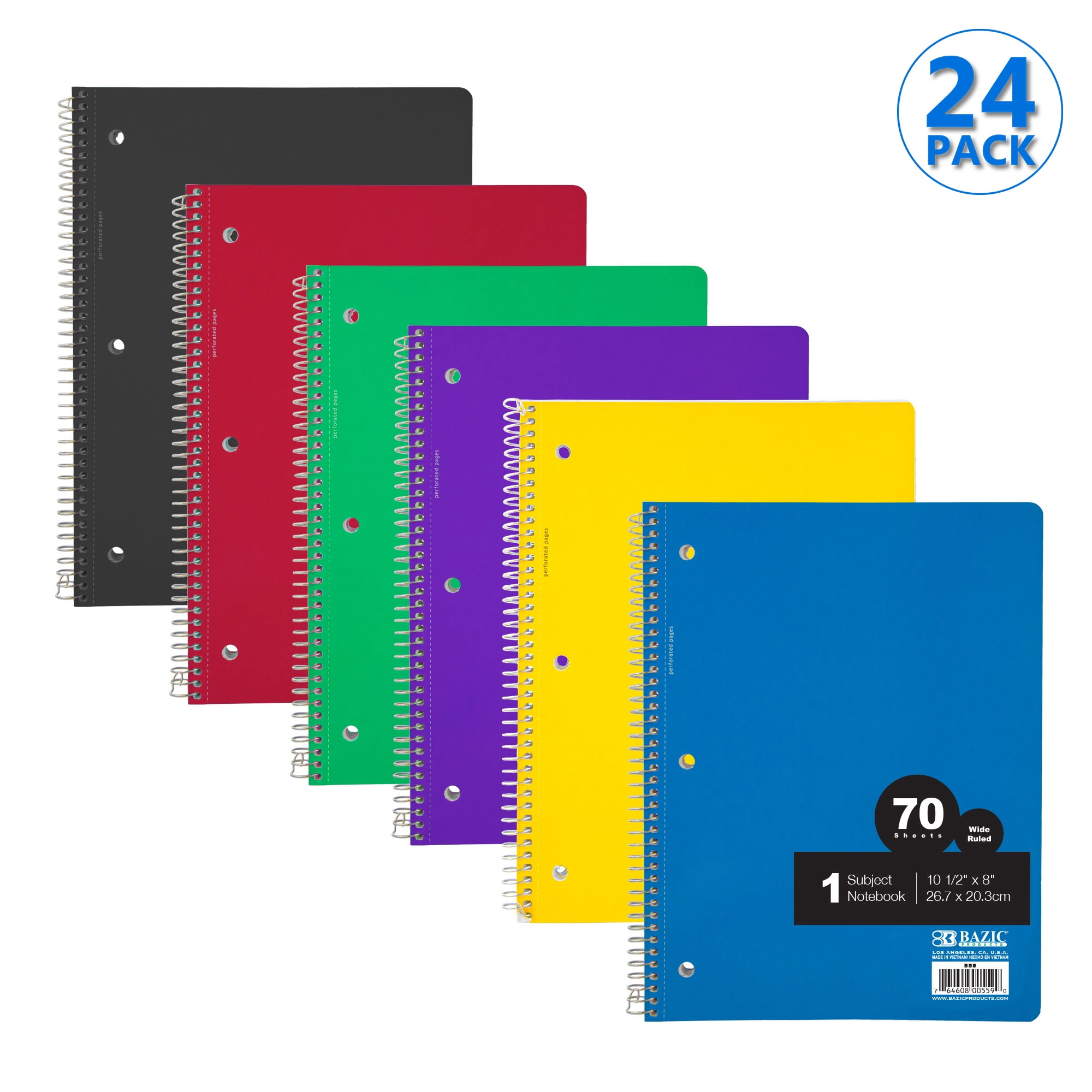 BAZIC Wide Ruled 1 Subject Spiral Notebooks 70 Sheets, Assorted Color ...