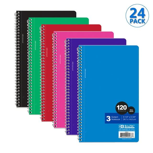 BAZIC Wide Ruled 3 Subject Spiral Notebooks 120 Sheets 9.5"x5.75", 24 ...