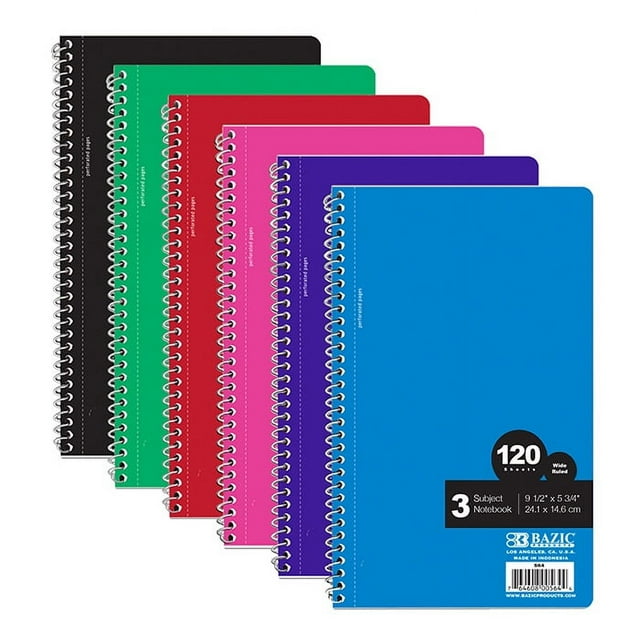 BAZIC Wide Ruled 3 Subject Spiral Notebooks 120 Sheets 9.5"x5.75", 6 ...