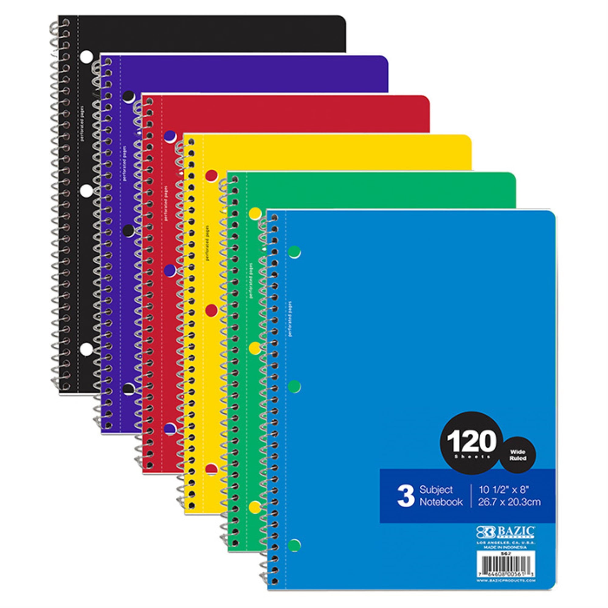 BAZIC Wide Ruled 3 Subject Spiral Notebooks, 120 Sheets, Assorted ...
