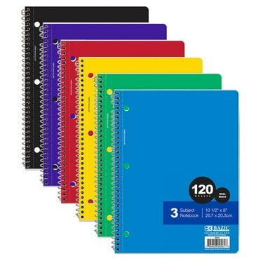 BAZIC Wide Ruled 3 Subject Spiral Notebooks 120 Sheets 9.5"x5.75", 6 ...