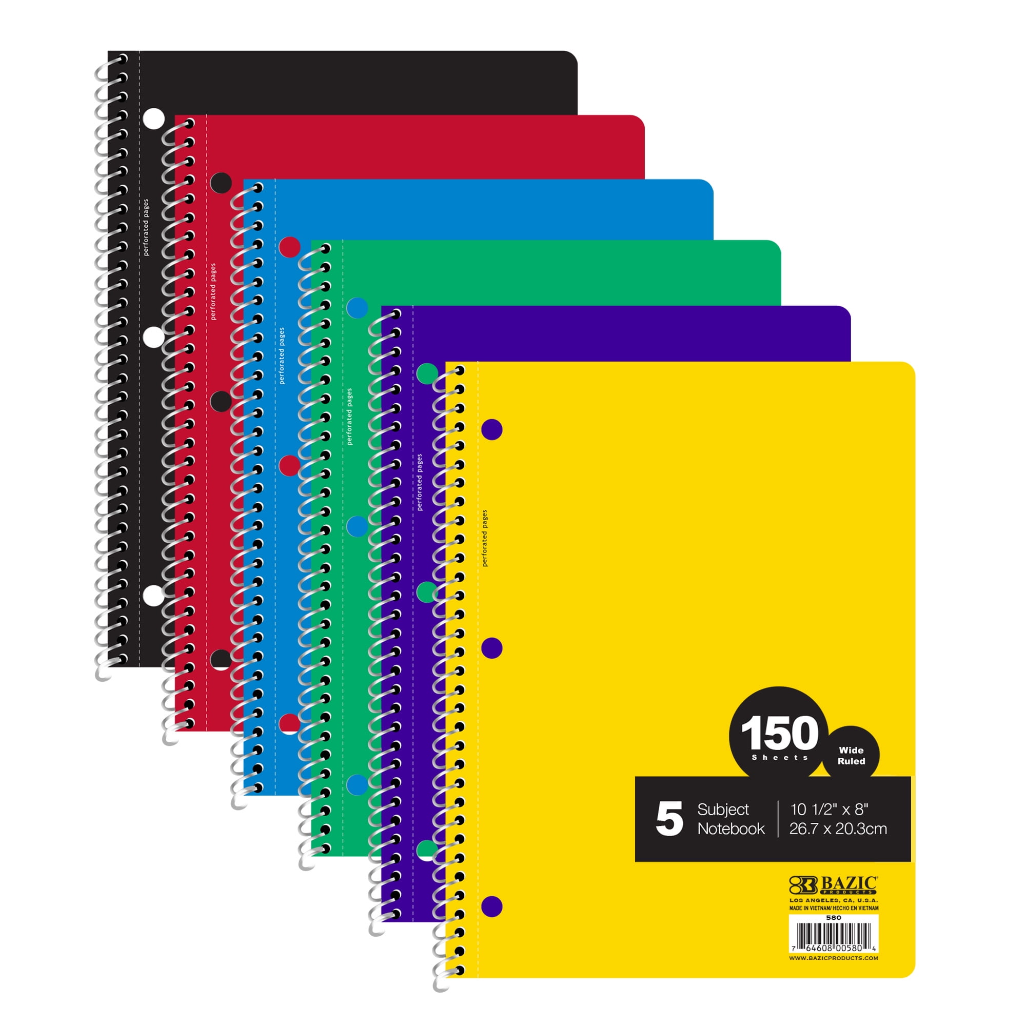 BAZIC Wide Ruled 5 Subject Spiral Notebooks 150 Sheets, Assorted Color ...
