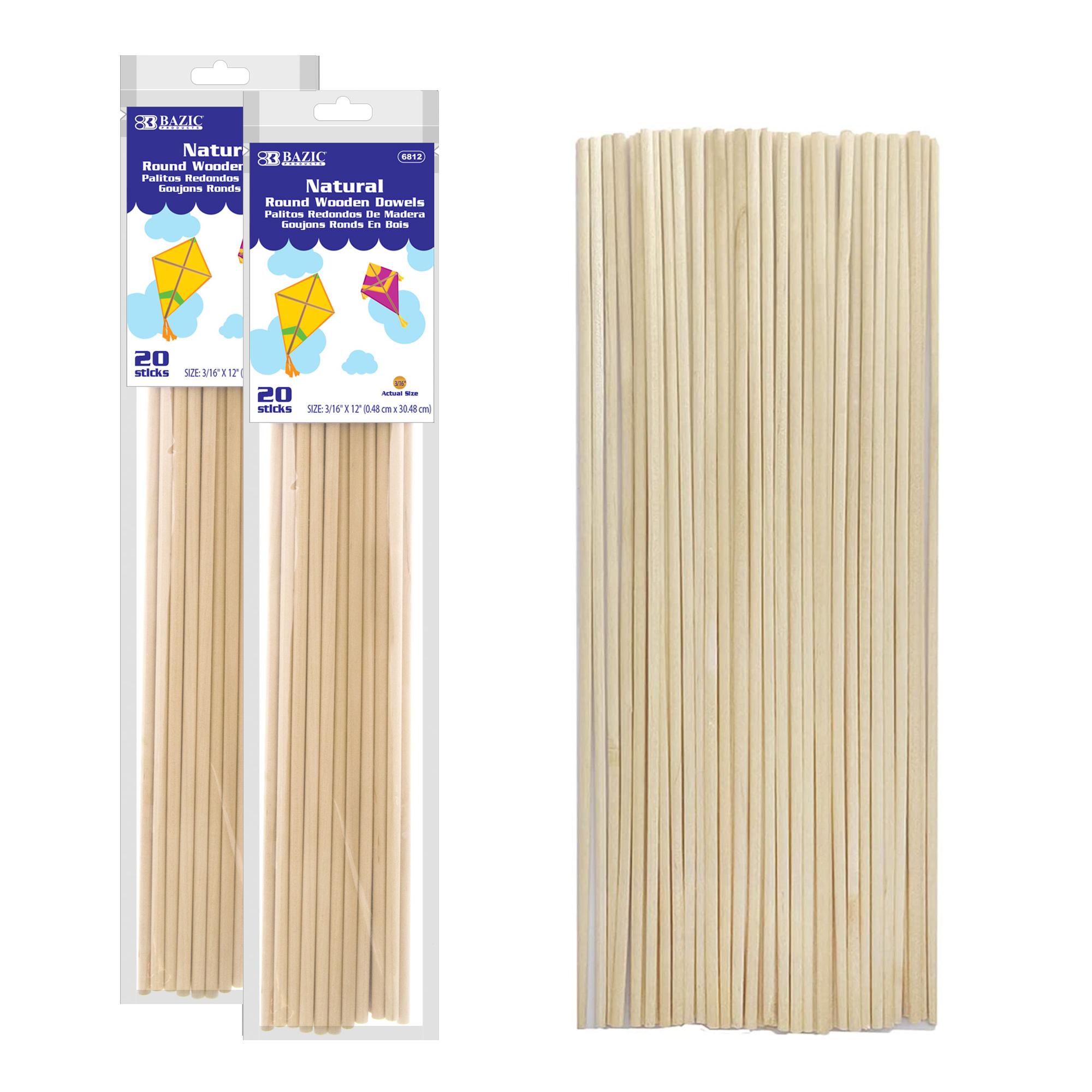 BAZIC Wooden Dowel Rods Wood Sticks, 3/16" x 12" Natural Hardwood Stick ...