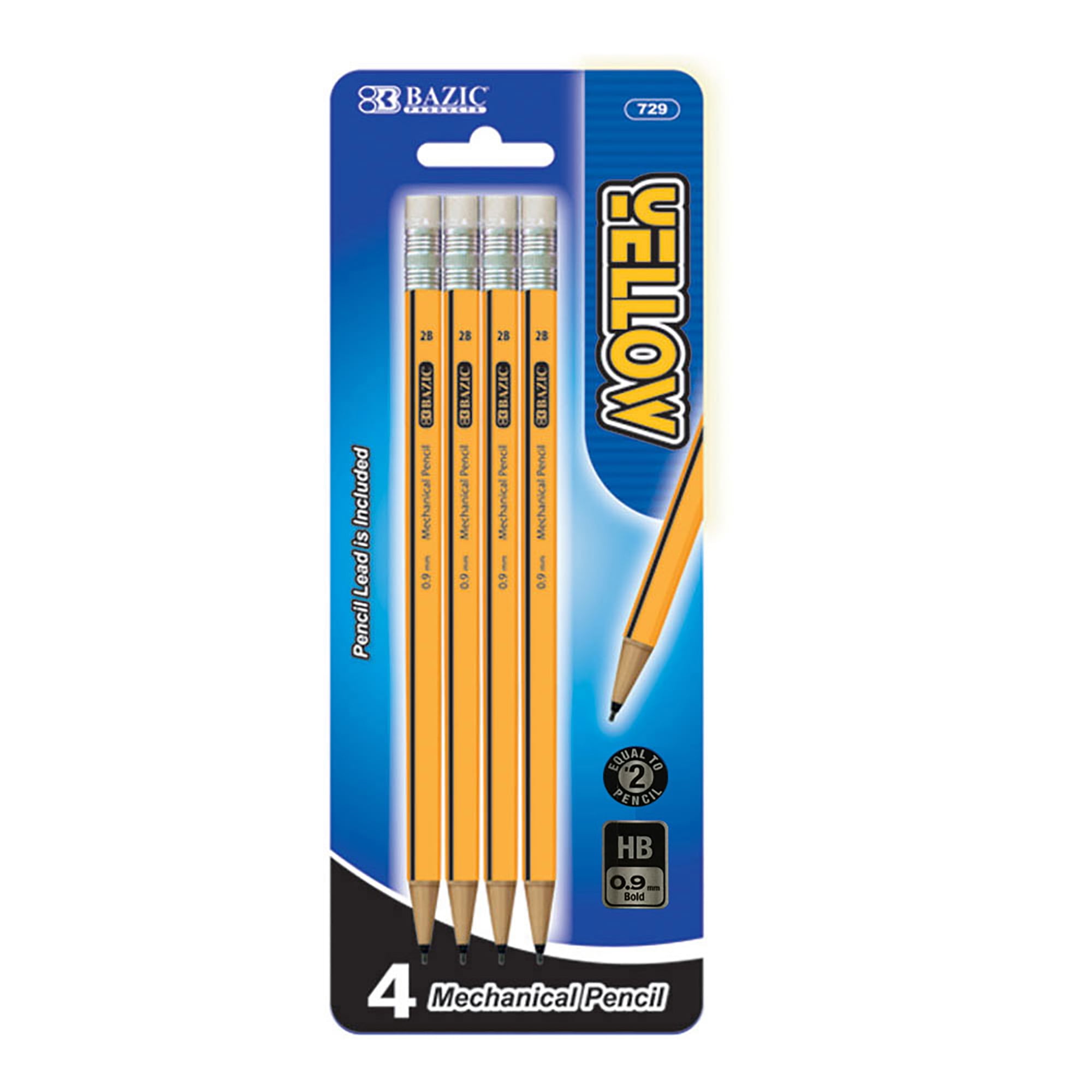 BAZIC Yellow Mechanical Pencil 0.9mm, Latex Free Eraser, (4/Pack), 1 ...