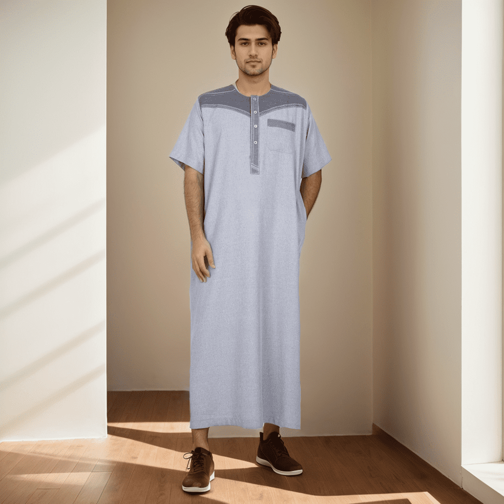 BAZINRICHE Men's Causal Kaftan Robe Short Sleeve Thobe Saudi Arabic ...
