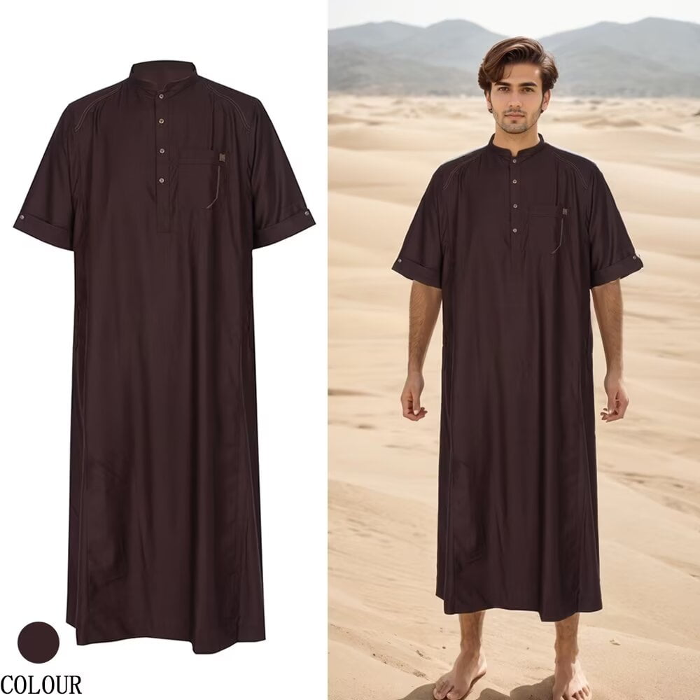 BAZINRICHE Men's Kaftan Robe Short Sleeve Thobe Saudi Arabic Thobe with ...