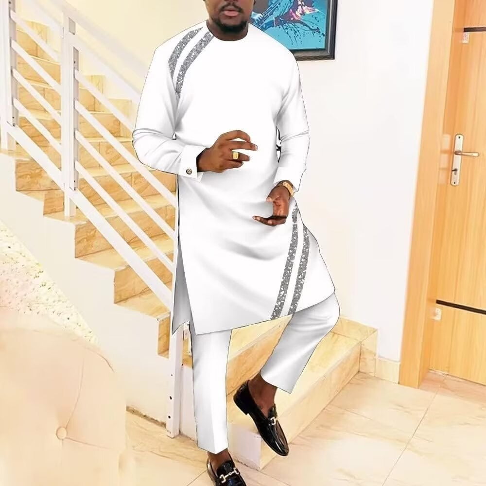 BAZINRICHE Traditonal Clothes for Men Two Piece Sets Dashiki Outfits Patchwork Sequin Caftans ...